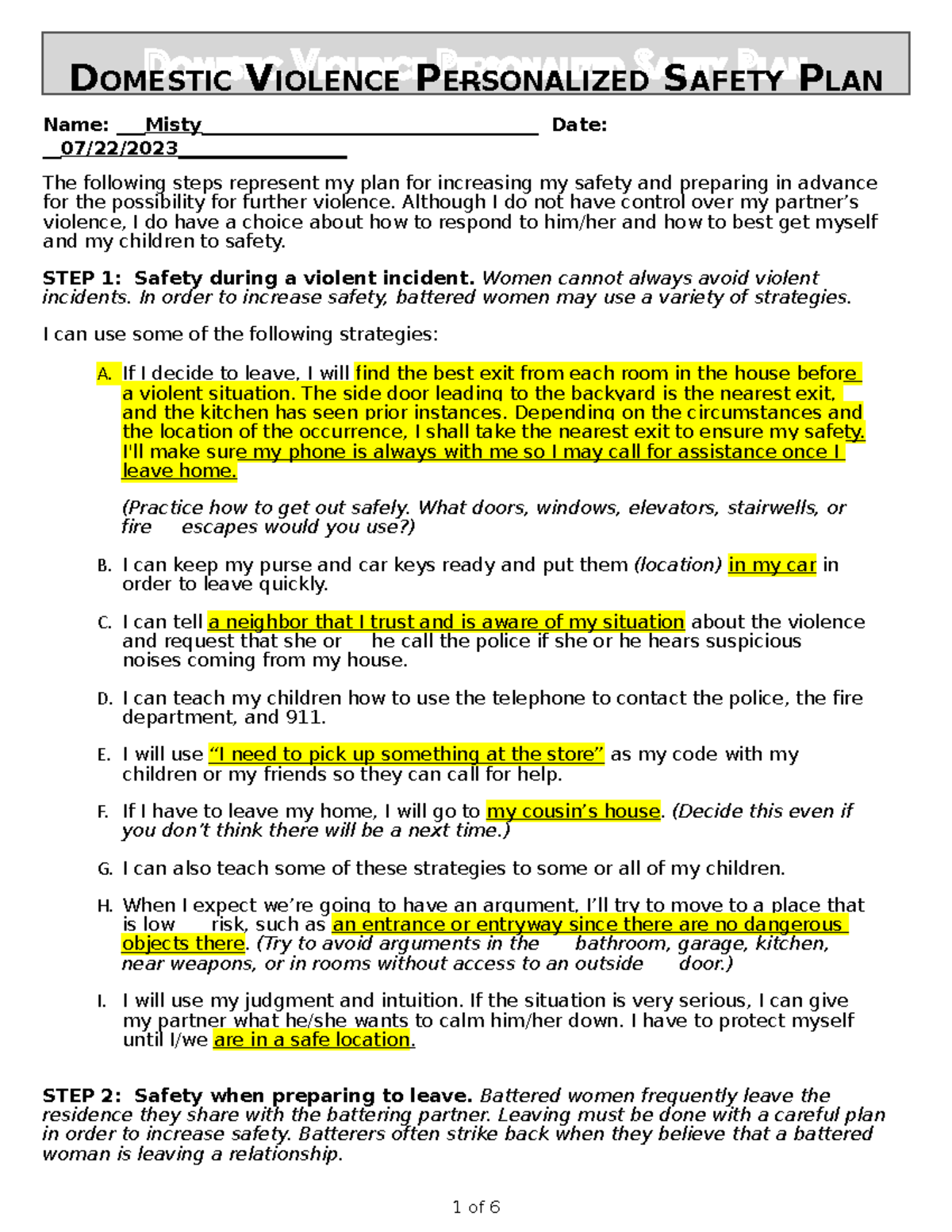 BHS-440 - Domestic Violence Personalized Safety Plan - Misty - Studocu