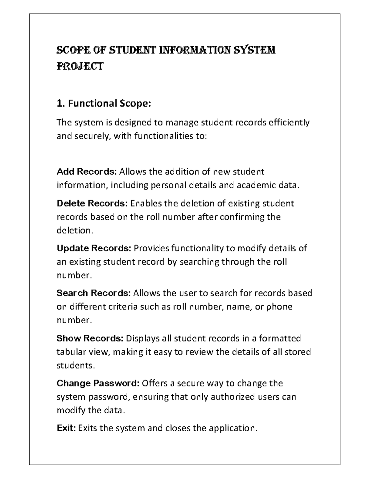 SCOPE OF STUDENT INFORMATION SYSTEM PROJECT - FUNCTIONAL & TECHNICAL ...