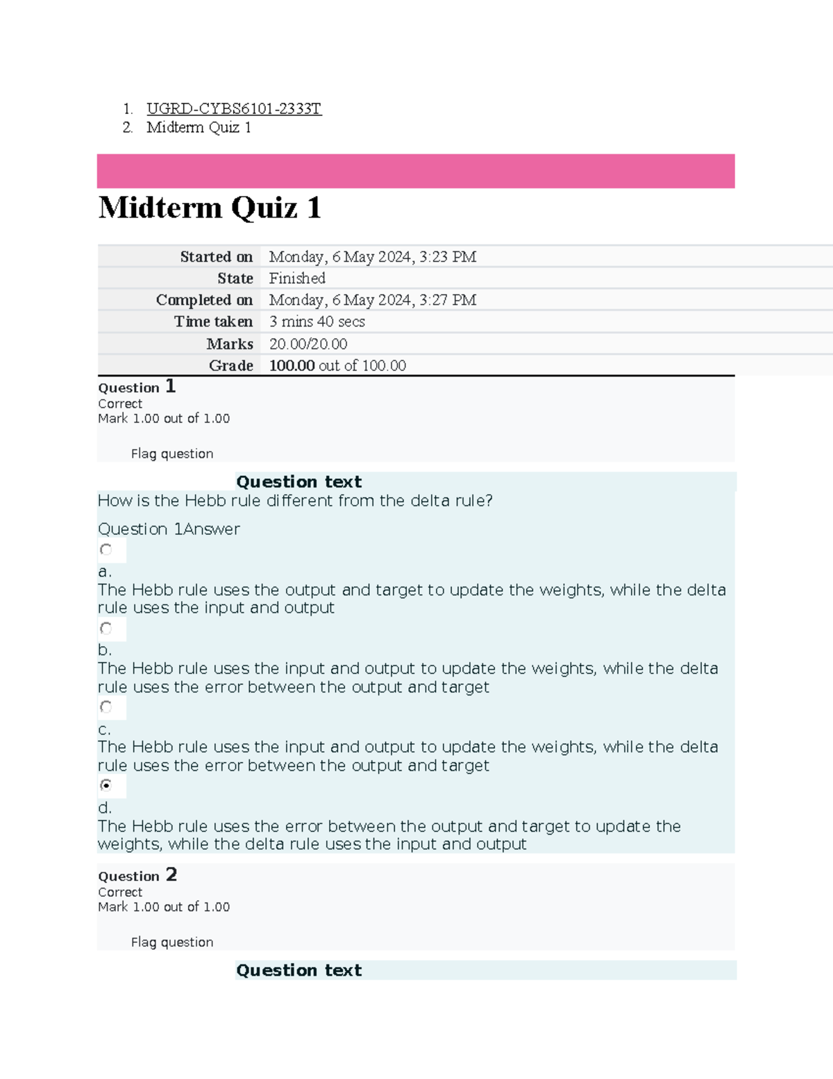 UGRD-CYBS6101 Artificial Intelligence Fundamentals Midterm Quiz 1 Results - Studocu