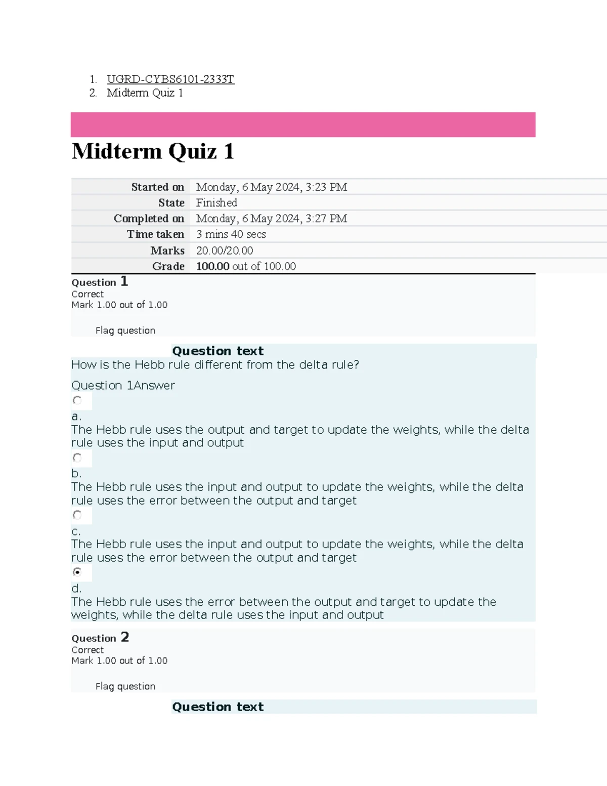 UGRD-CYBS6101 AI Fundamentals FINAL QUIZ 2 Results and Insights - Studocu