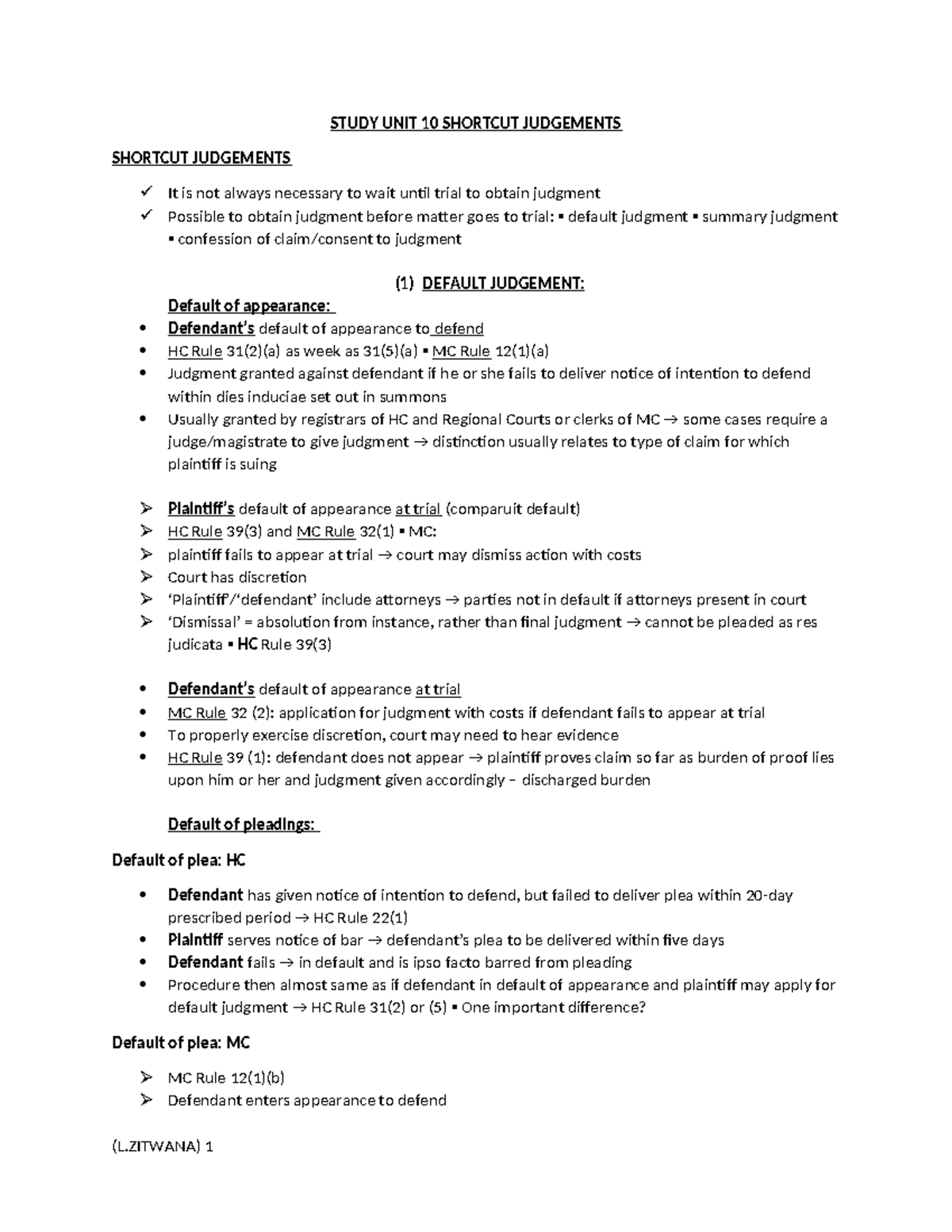 STUDY UNIT 10: SHORTCUT JUDGEMENTS IN HC & MC RULES - Studocu