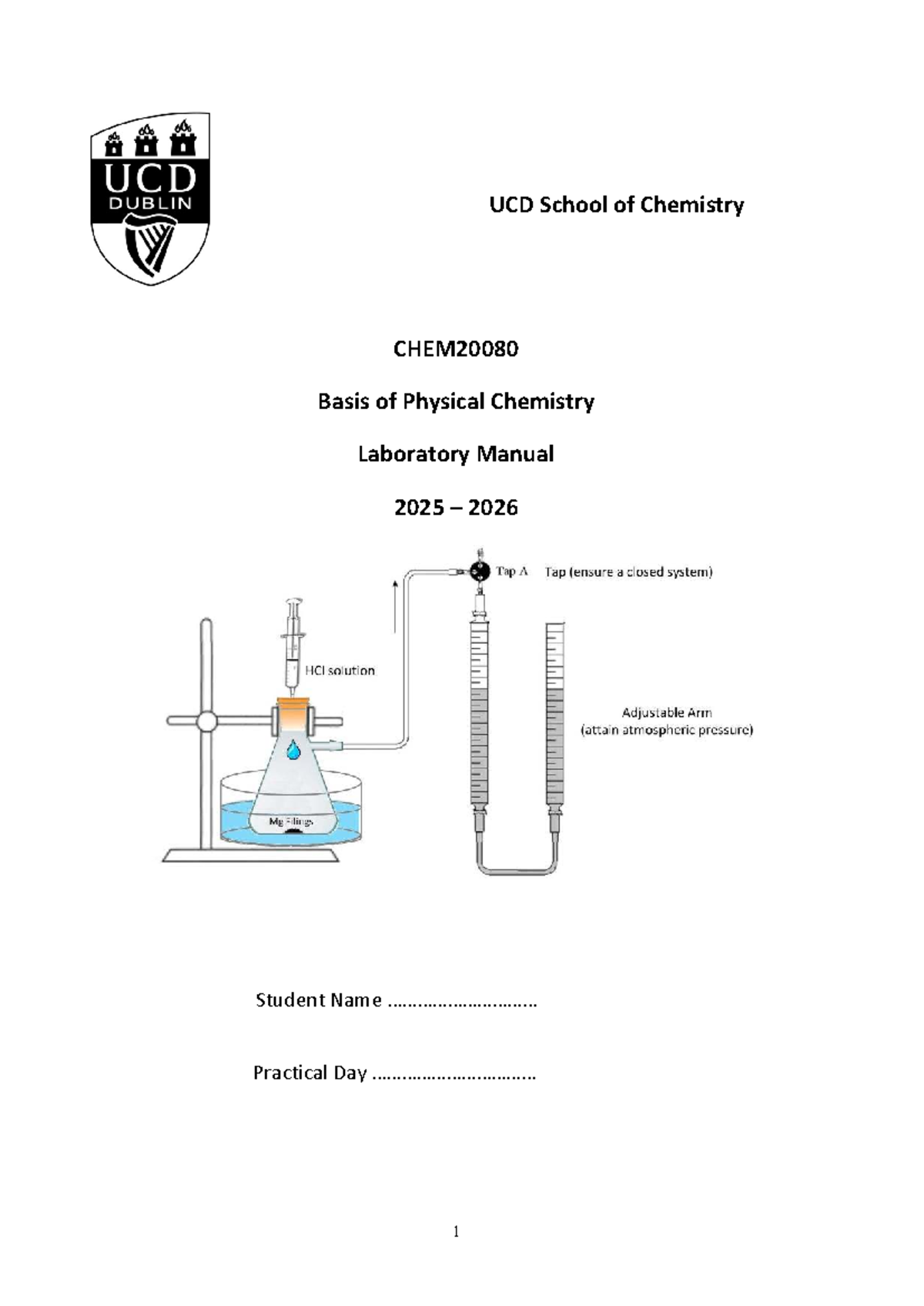 CHEM20080 Laboratory Manual 2025-2026: Basics of Physical Chemistry ...