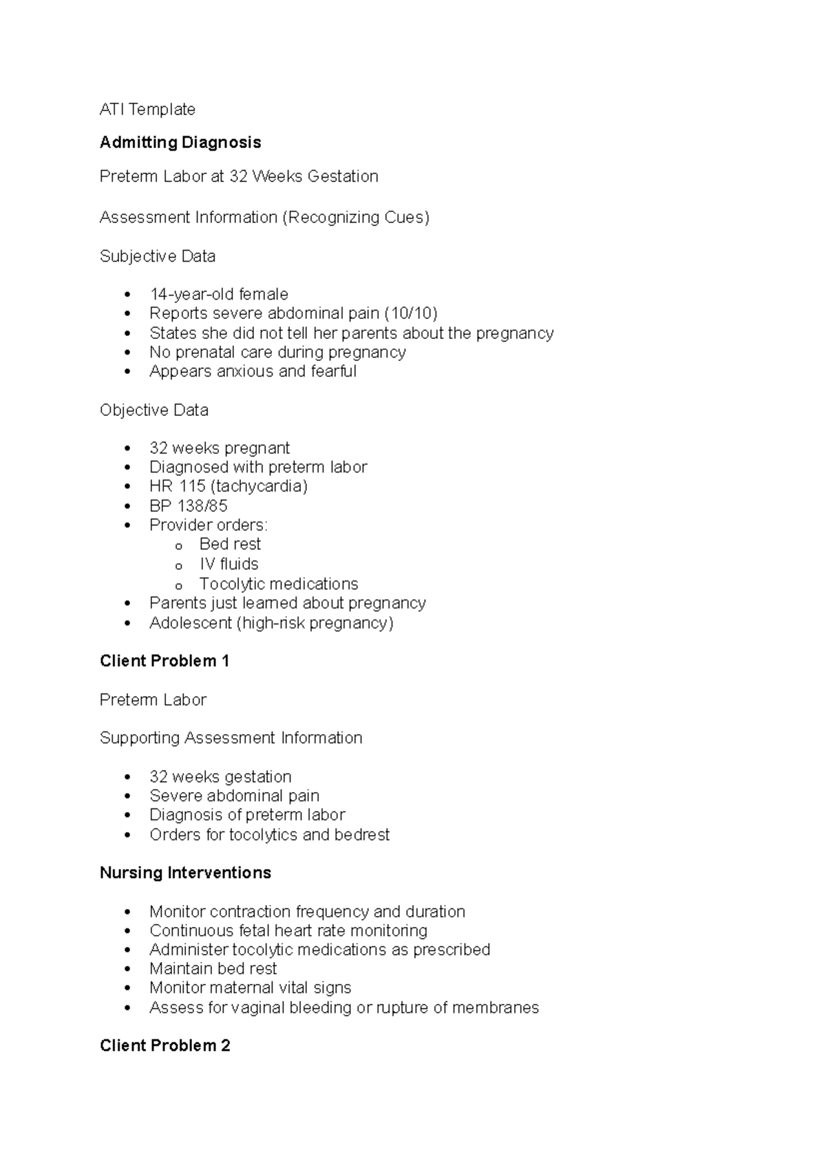 ATI Case Study: Preterm Labor at 32 Weeks Gestation Assessment - Studocu