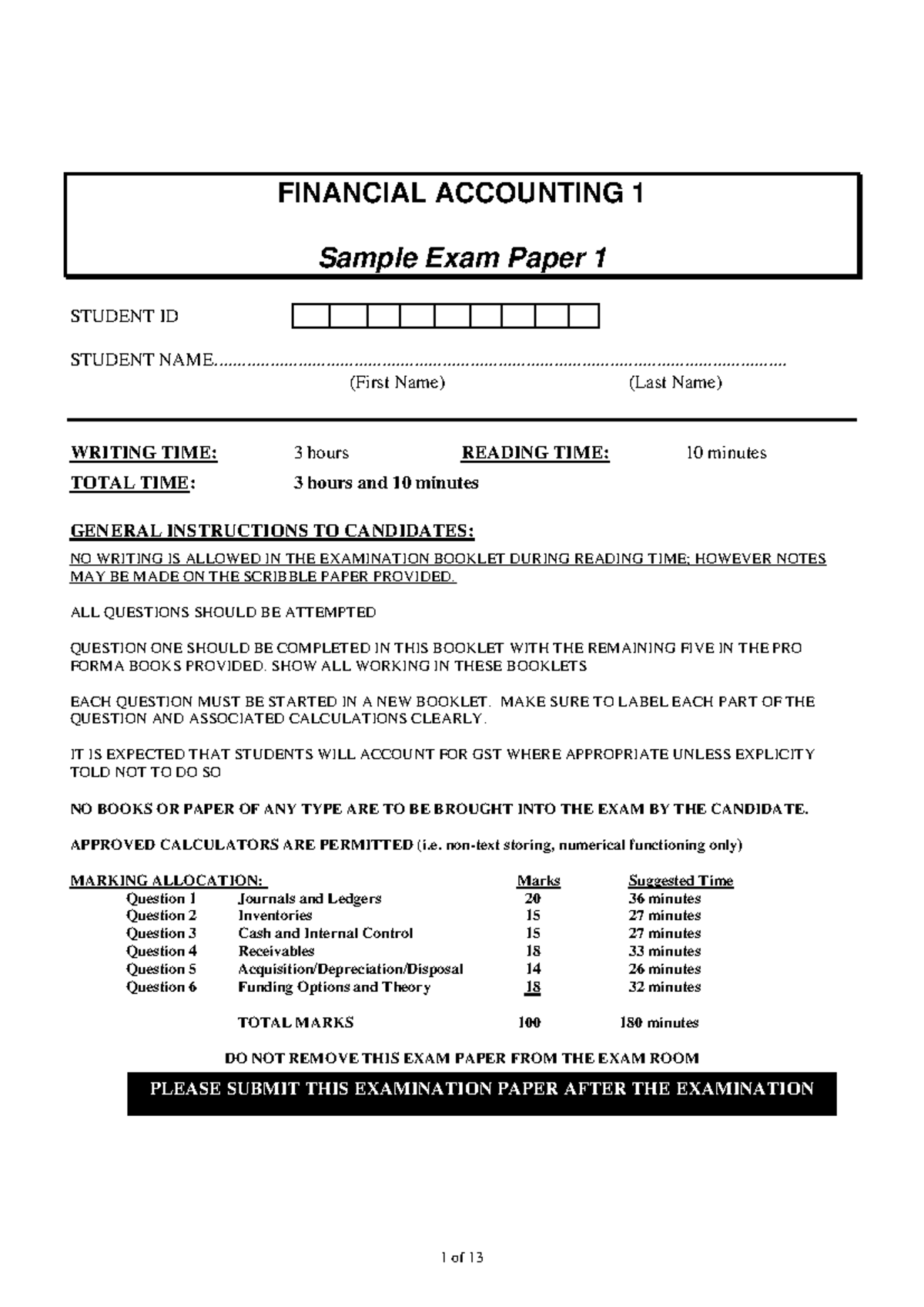 Financial Accounting 1: Sample Exam Paper 1 (3-Hour Duration) - Studocu