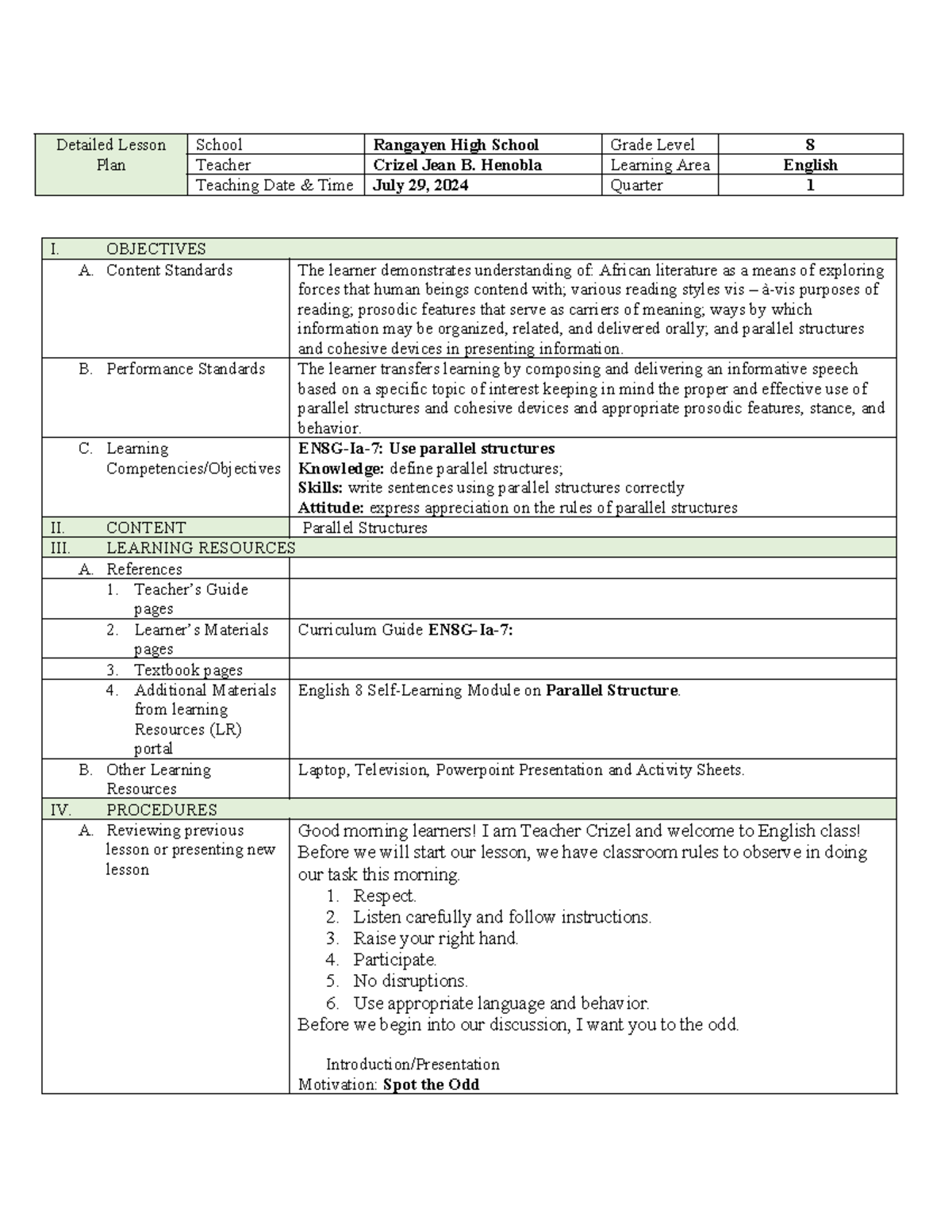 **EN8G-Ia-7 Lesson on Parallel Structures: Objectives and Activities ...
