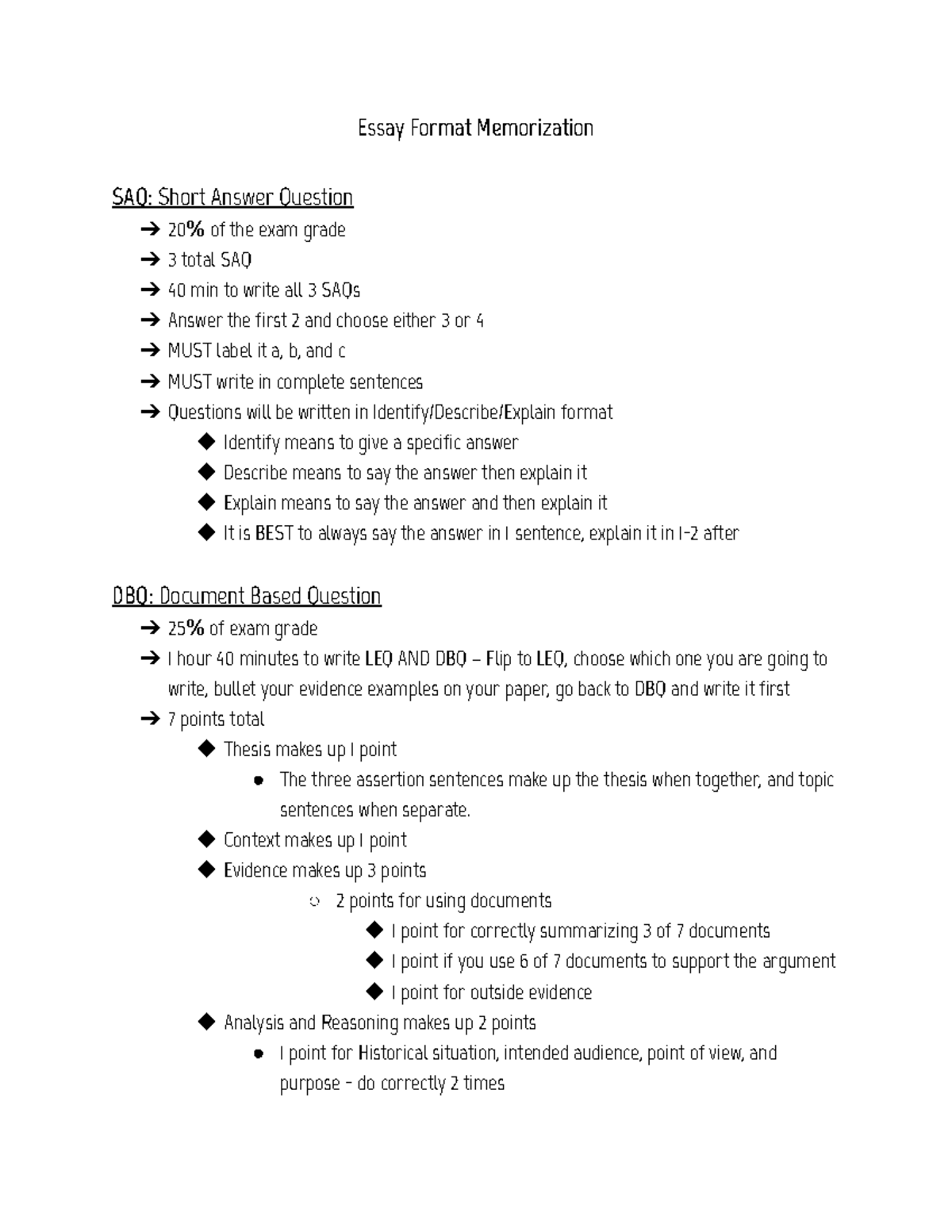 Essay Format Preparation for Exam: SAQ, DBQ, and LEQ Guidelines - Essay ...