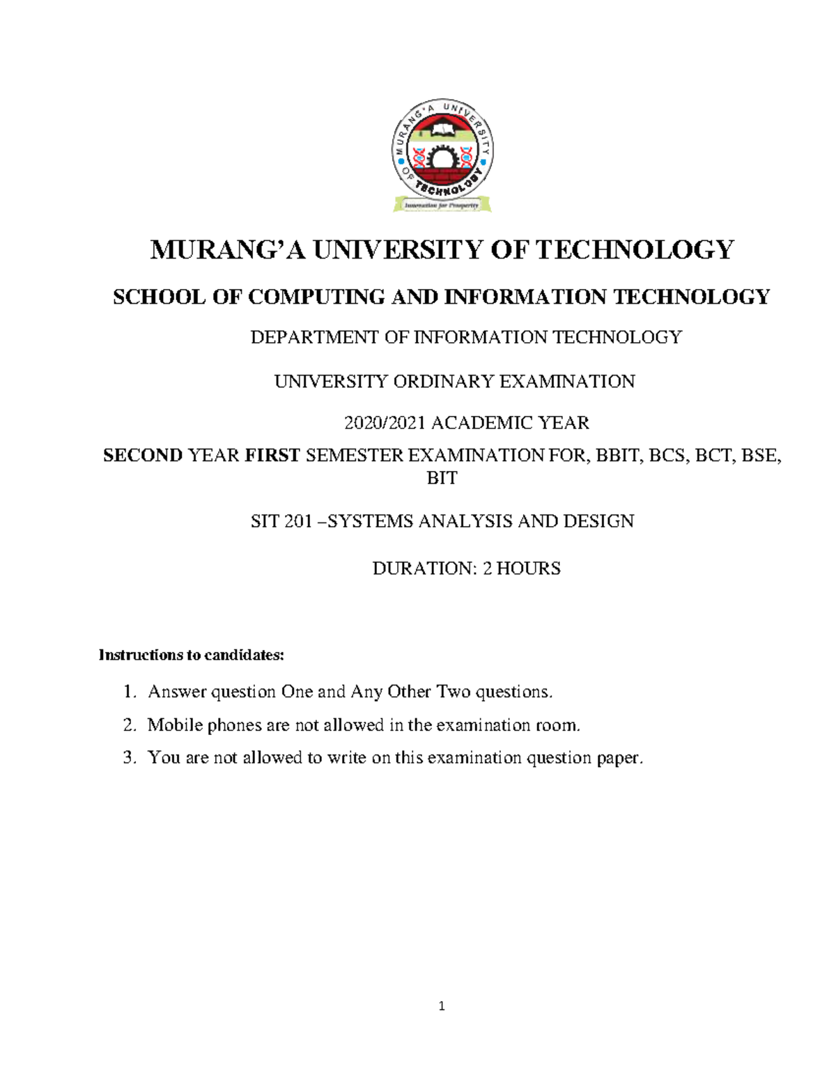 SIT201- System Analysis AND Design (Autosaved) - 1 MURANG’A UNIVERSITY ...