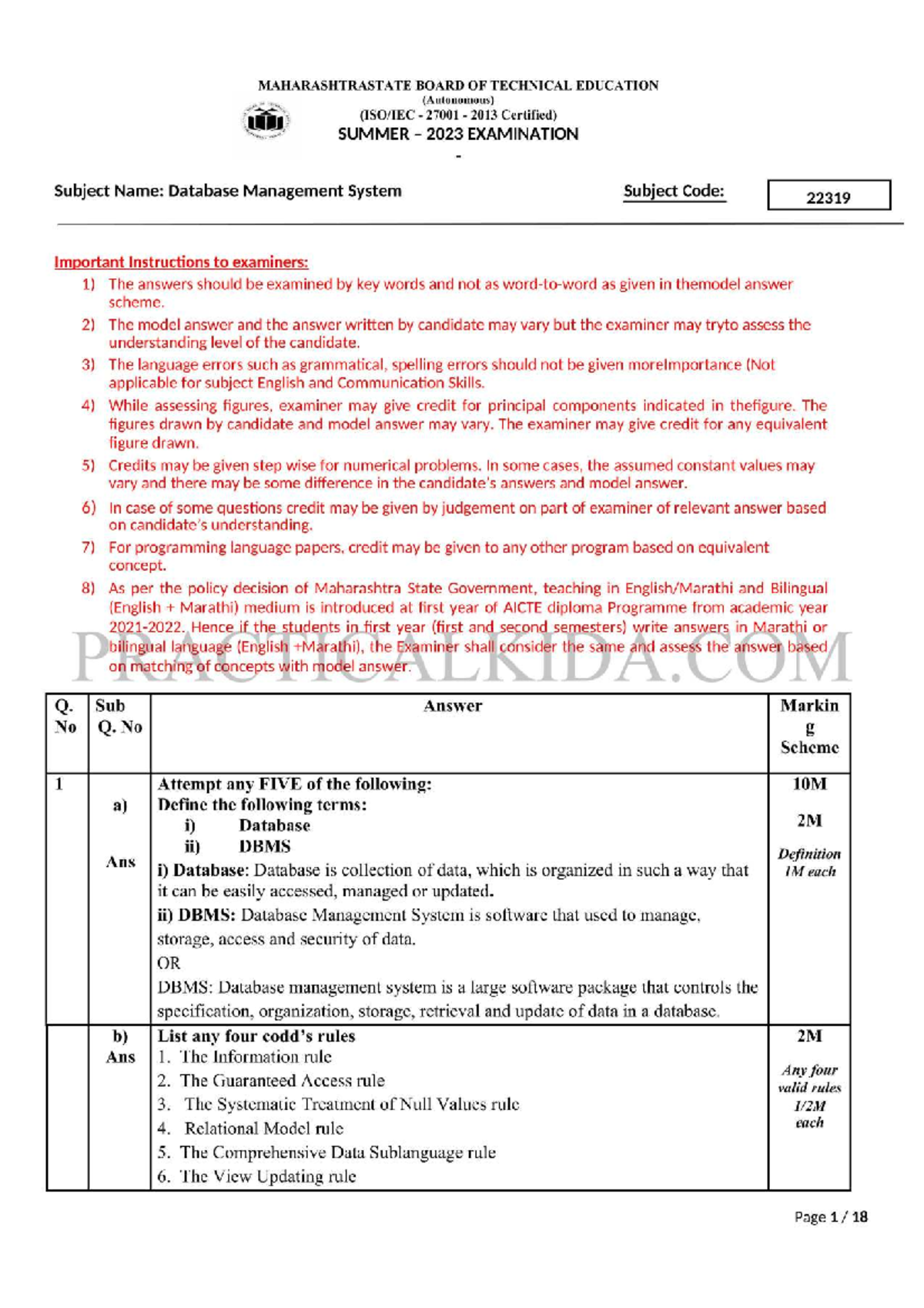 DMS 22319 Database Management System Summer 2023 Model Answer - Studocu