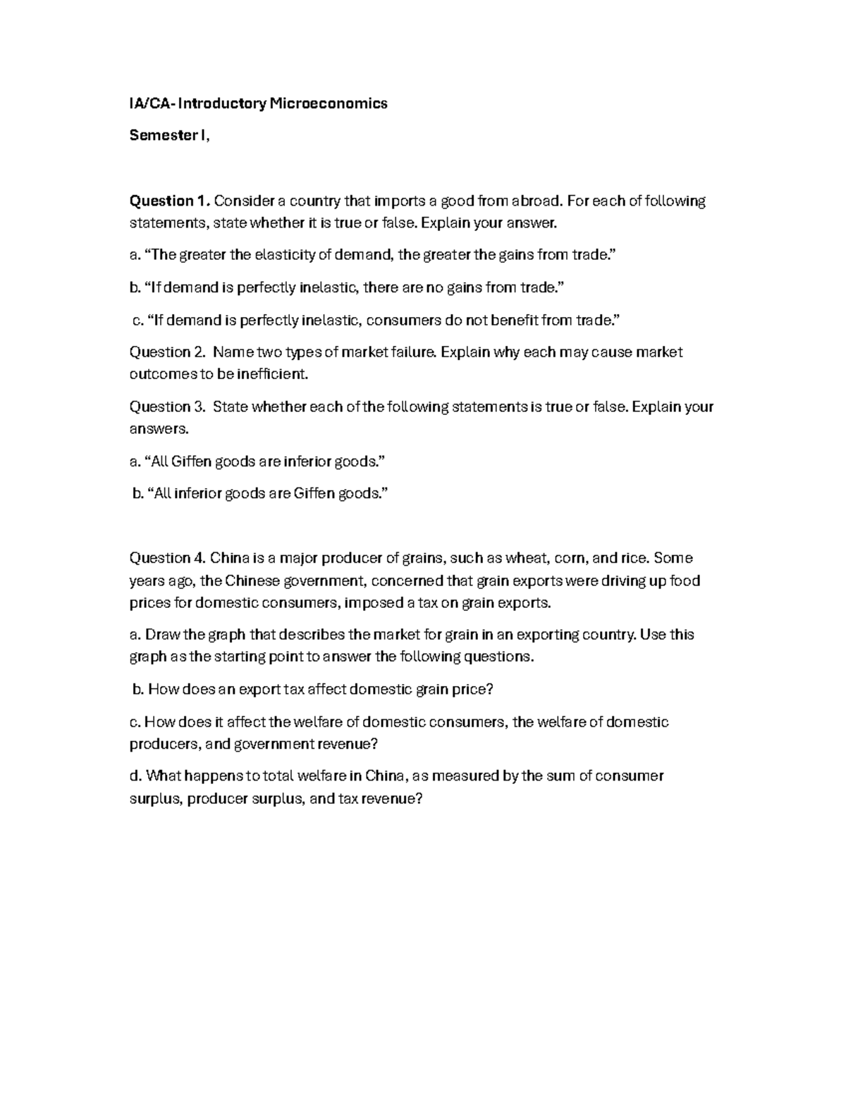 Introductory Microeconomics Semester I: Exam Questions & Analysis - Studocu
