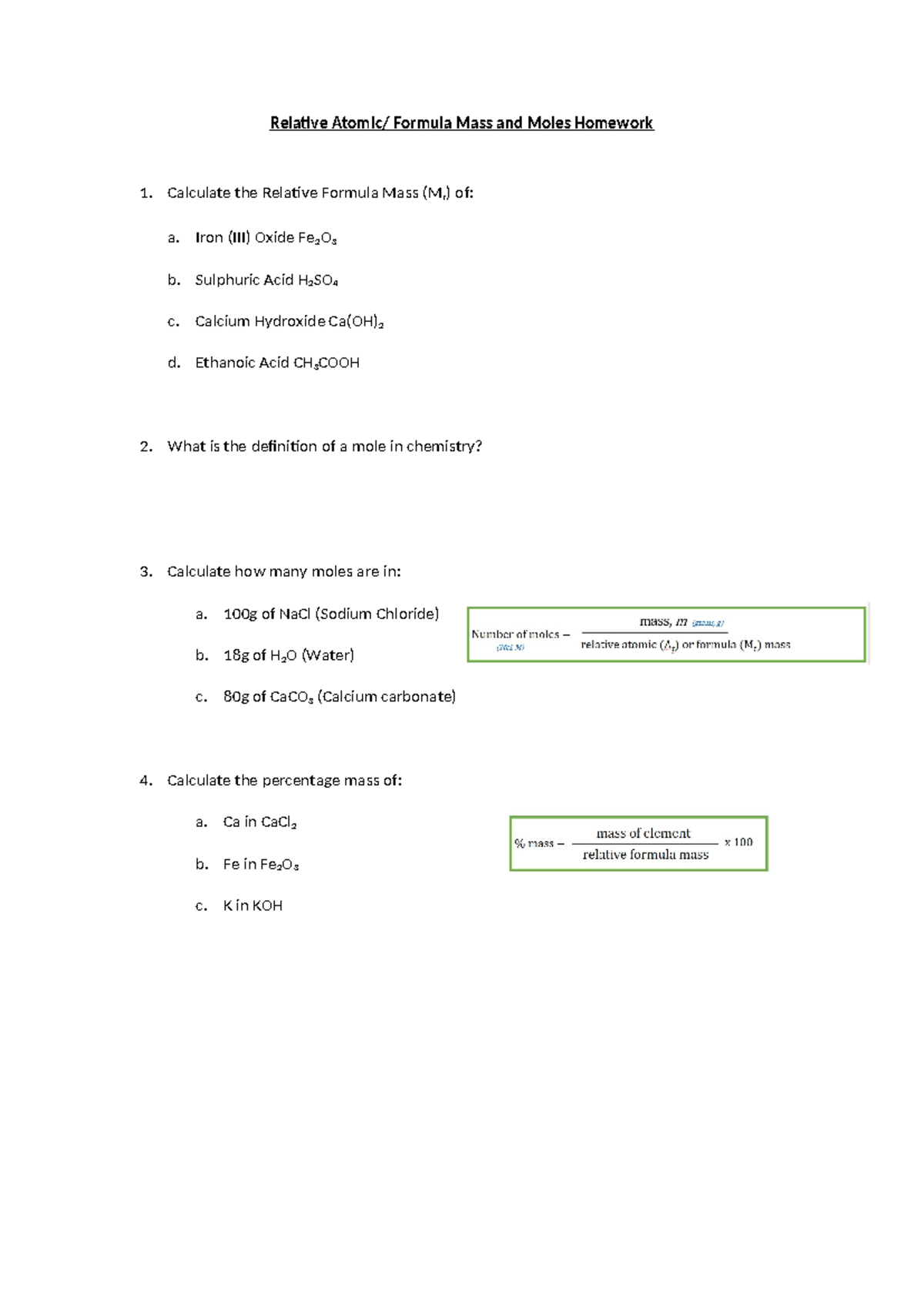 HW - bhjuhnhjunhj - Relative Atomic/ Formula Mass and Moles Homework ...