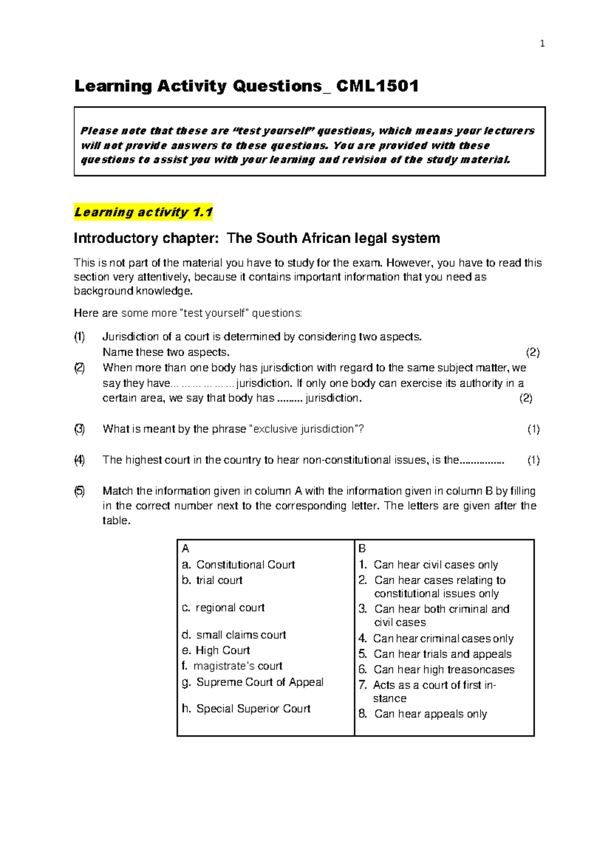 Learning activities - Learning Activity Questions_ CML Please note that ...