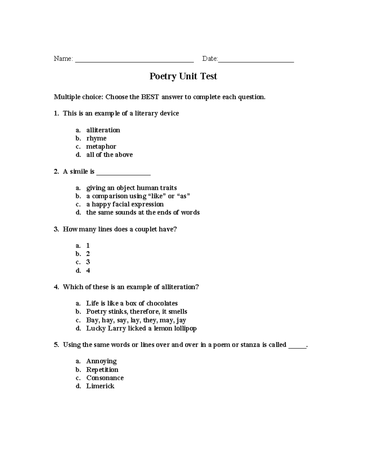 Poetry Unit Test 2011-1 - Name: _________________________________ Date