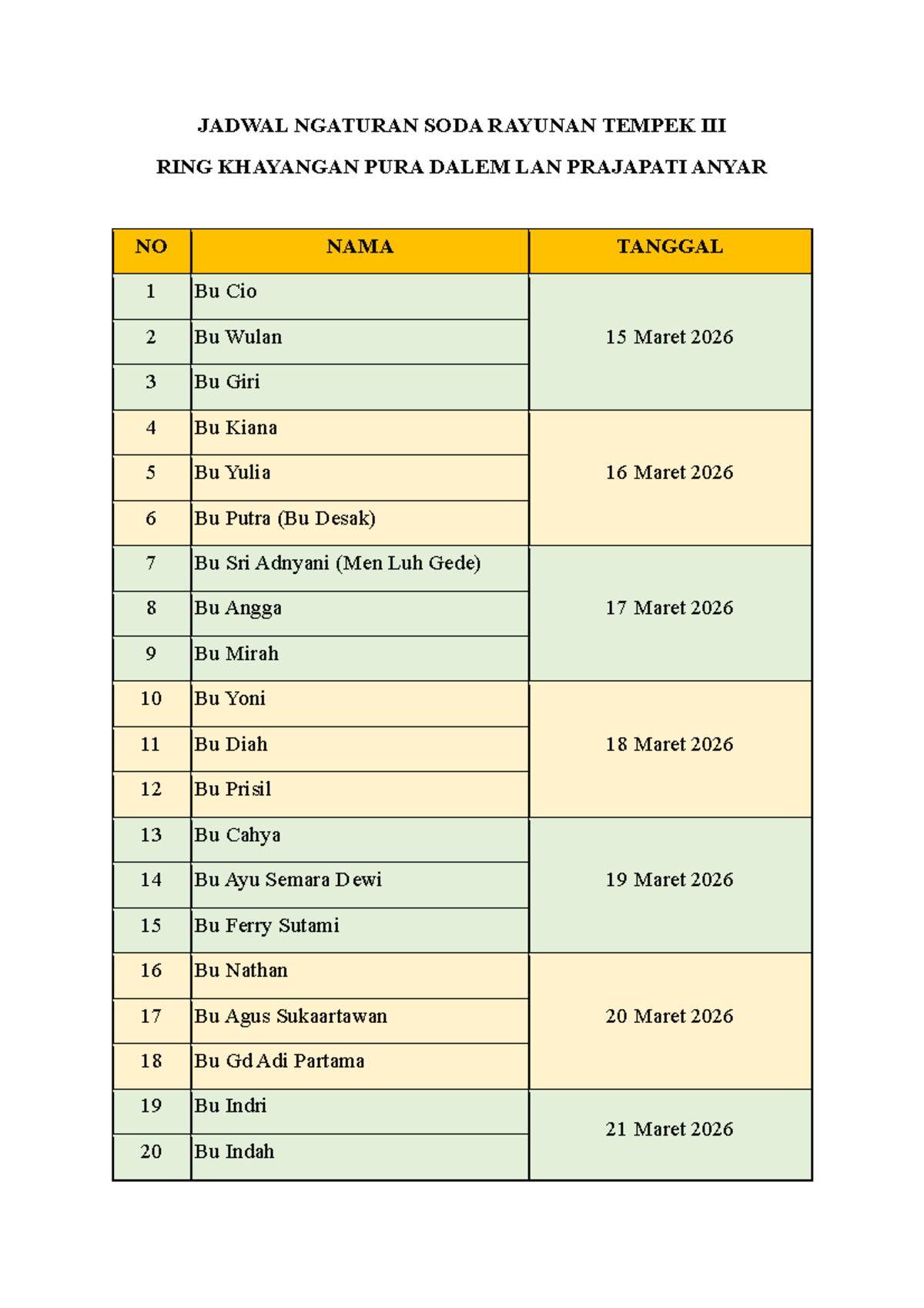 Jadwal Ngaturan SODA Rayunan Tempek III - Maret 2026 - Studocu