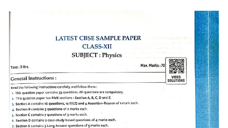 CBSE SAMPLE PAPER 1: Physics Study Guide with Solutions - Studocu