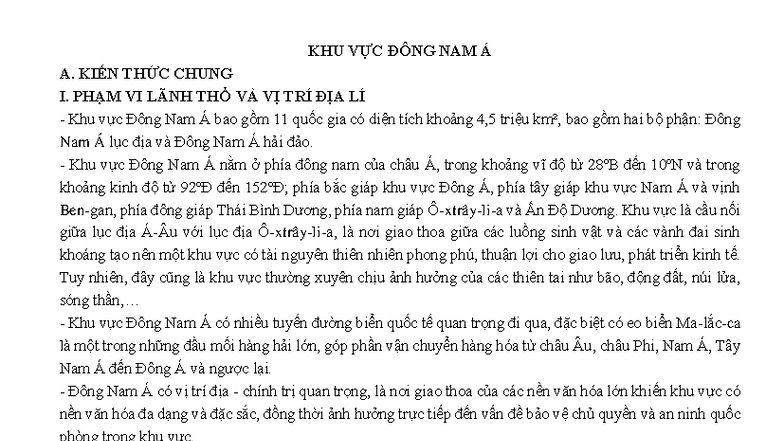 3. KHU VỰC ĐÔNG NAM Á - gfdsa - KHU VỰC ĐÔNG NAM Á A. KIẾN THỨC CHUNG I ...