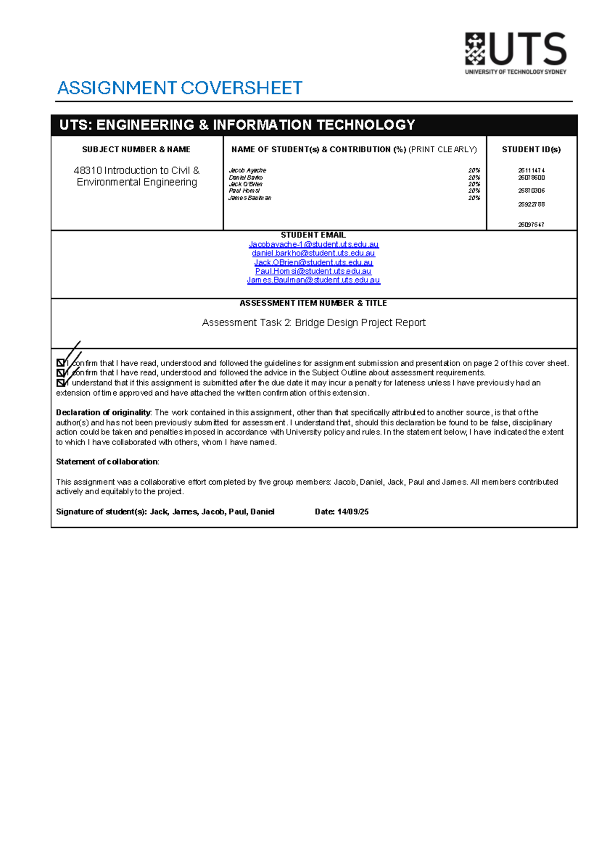 Assignment 2: Bridge Design Project Report - UTS 48310 - Studocu