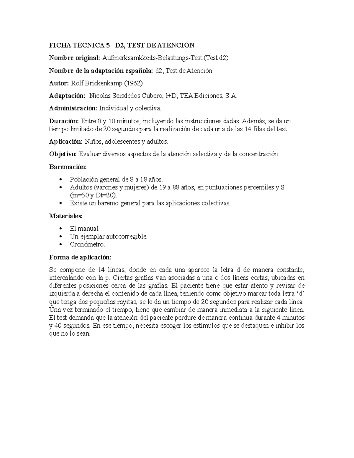 D2 - Test de Atención: Ficha Técnica y Protocolo de Aplicación - Studocu
