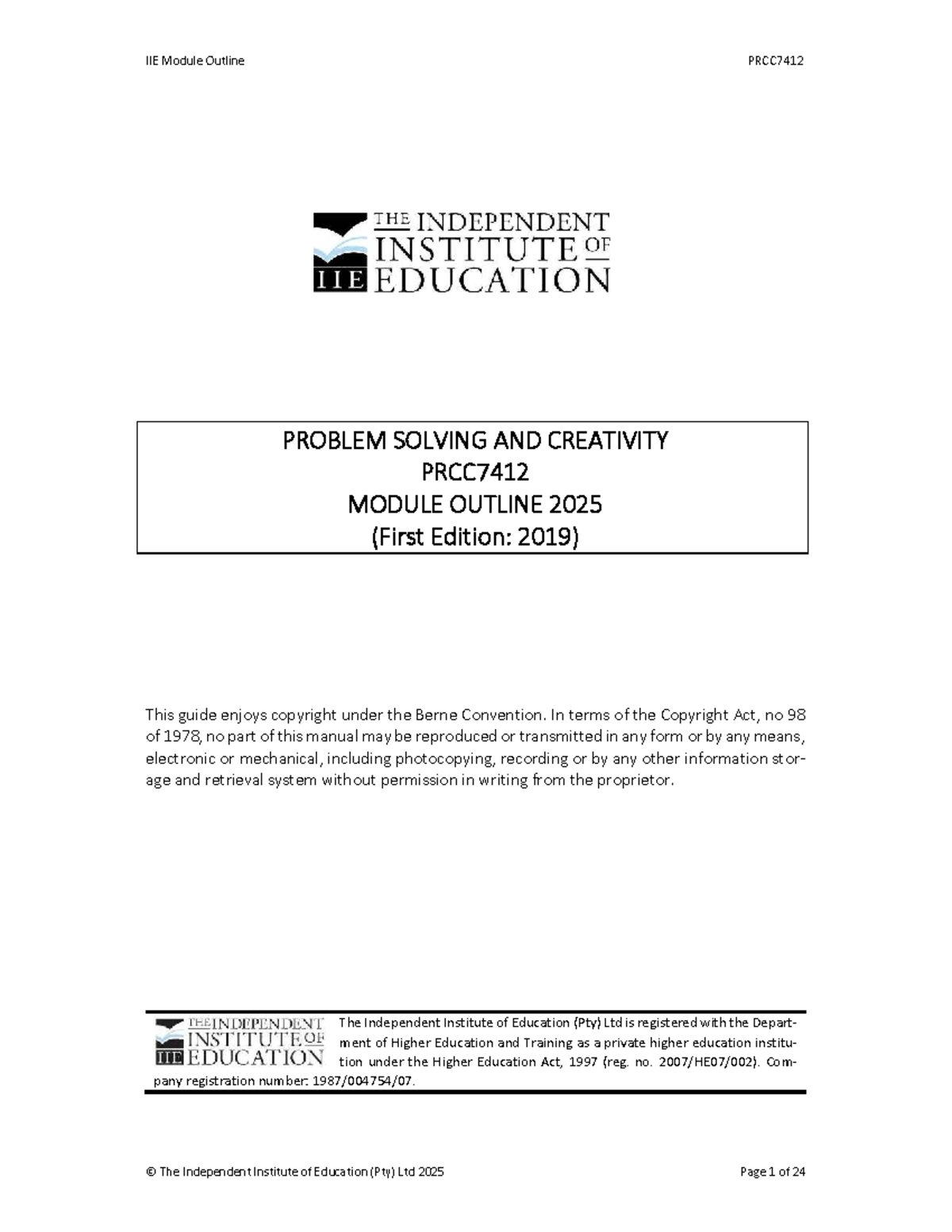 IIE Module Outline PRCC7412: Problem Solving & Creativity Guide 2025 - Studocu