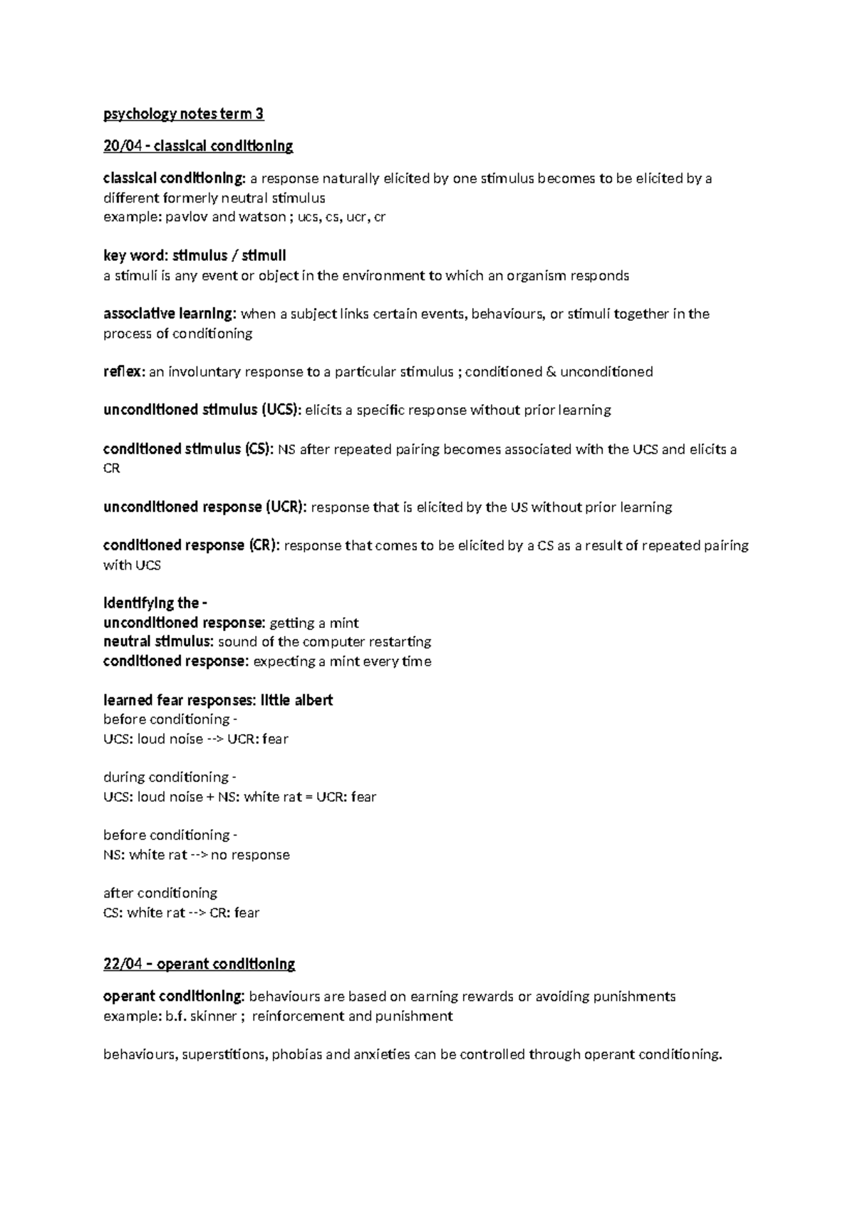 Psychology Notes Term 3: Classical & Operant Conditioning Insights ...
