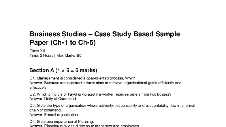 Business Studies Class XII Case Study Sample Paper - Studocu