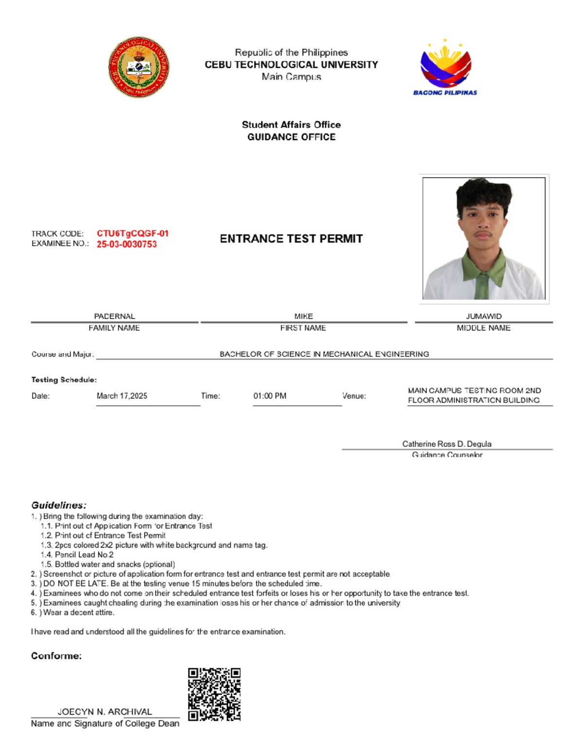 Entrance Test Permit - it is nice - Republic of the Philippines CEBU ...