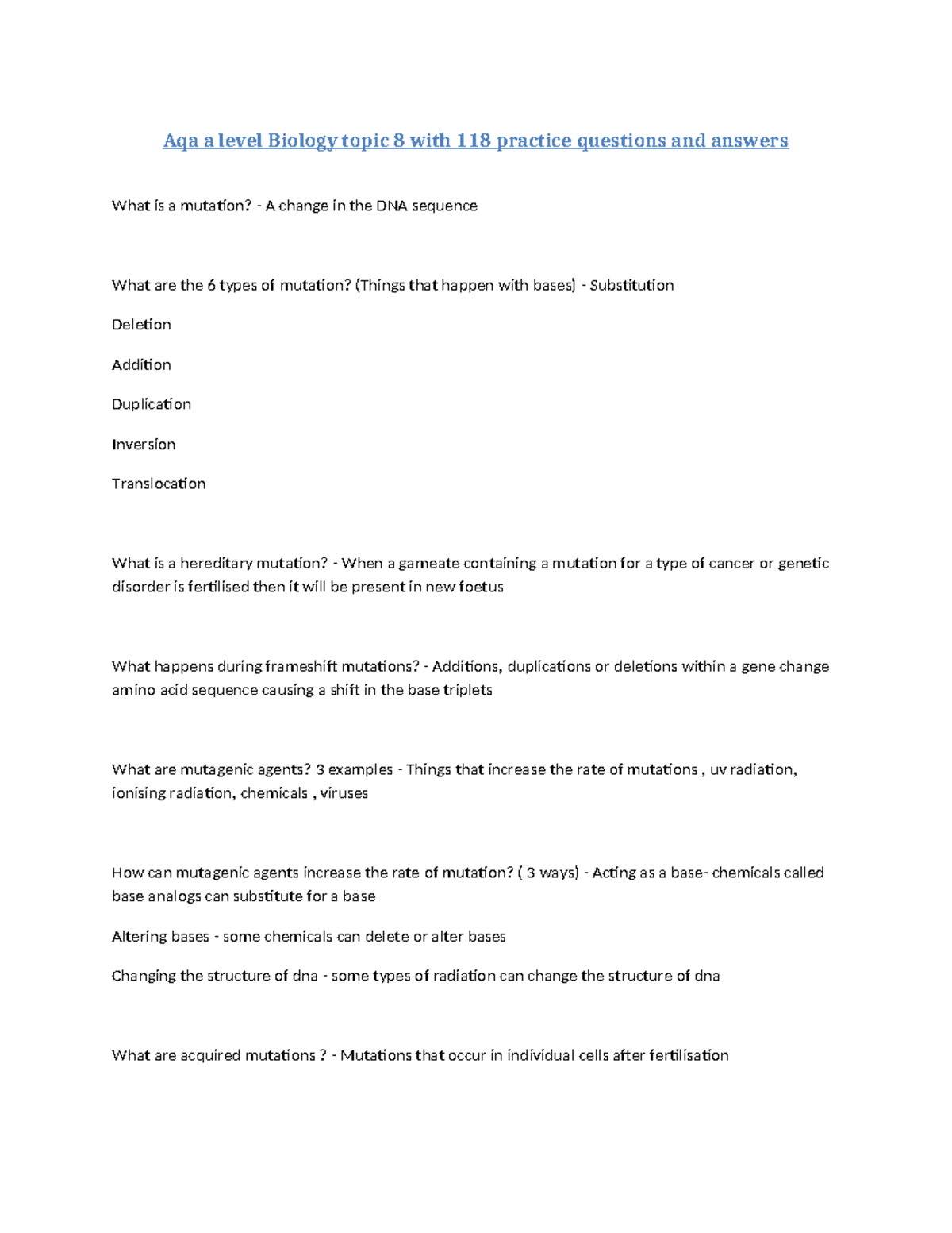 AQA A Level Biology Topic 8: Mutations & Genetic Concepts with 118 Q&A ...