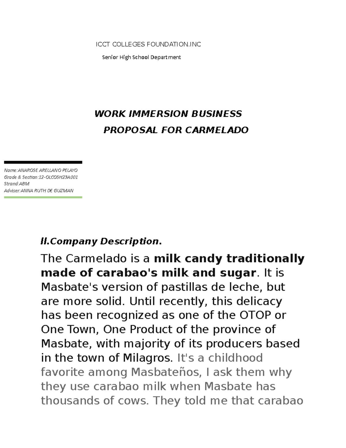 ABM 12-OLCOSH23A Work Immersion Business Proposal: Carmelado Analysis ...