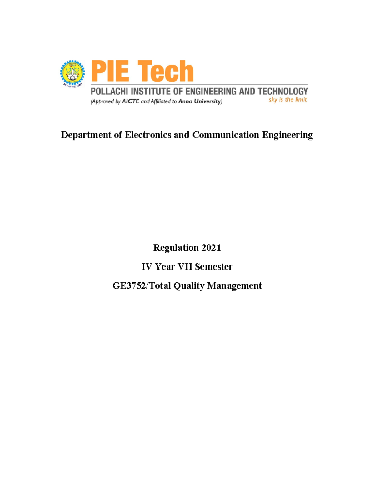 GE3752 Total Quality Management - Department of Electronics and ...