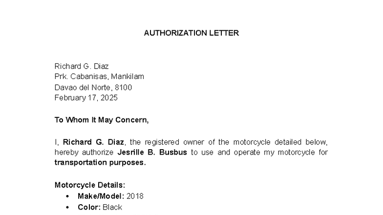 Authorization Letter for motorcycle - AUTHORIZATION LETTER Richard G ...
