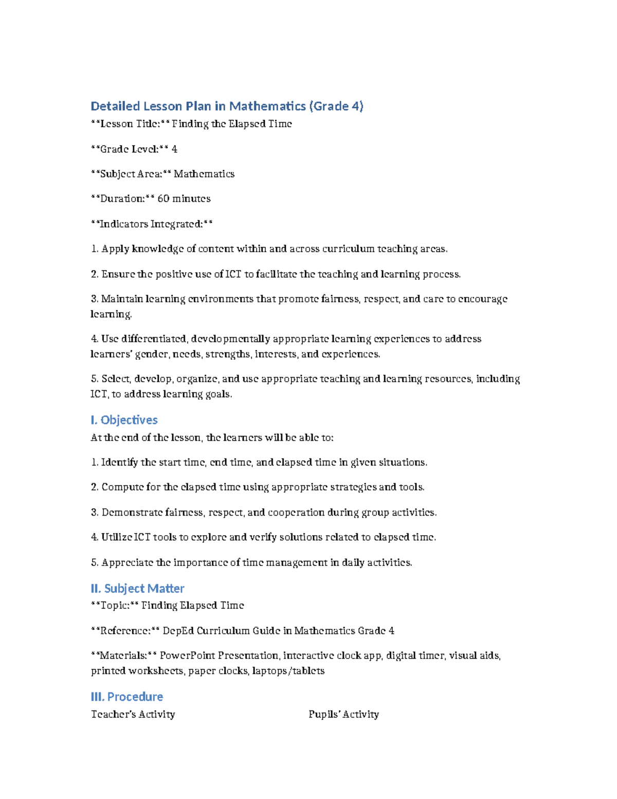 Grade 4 DLP: Finding Elapsed Time in Mathematics Lesson Plan - Studocu