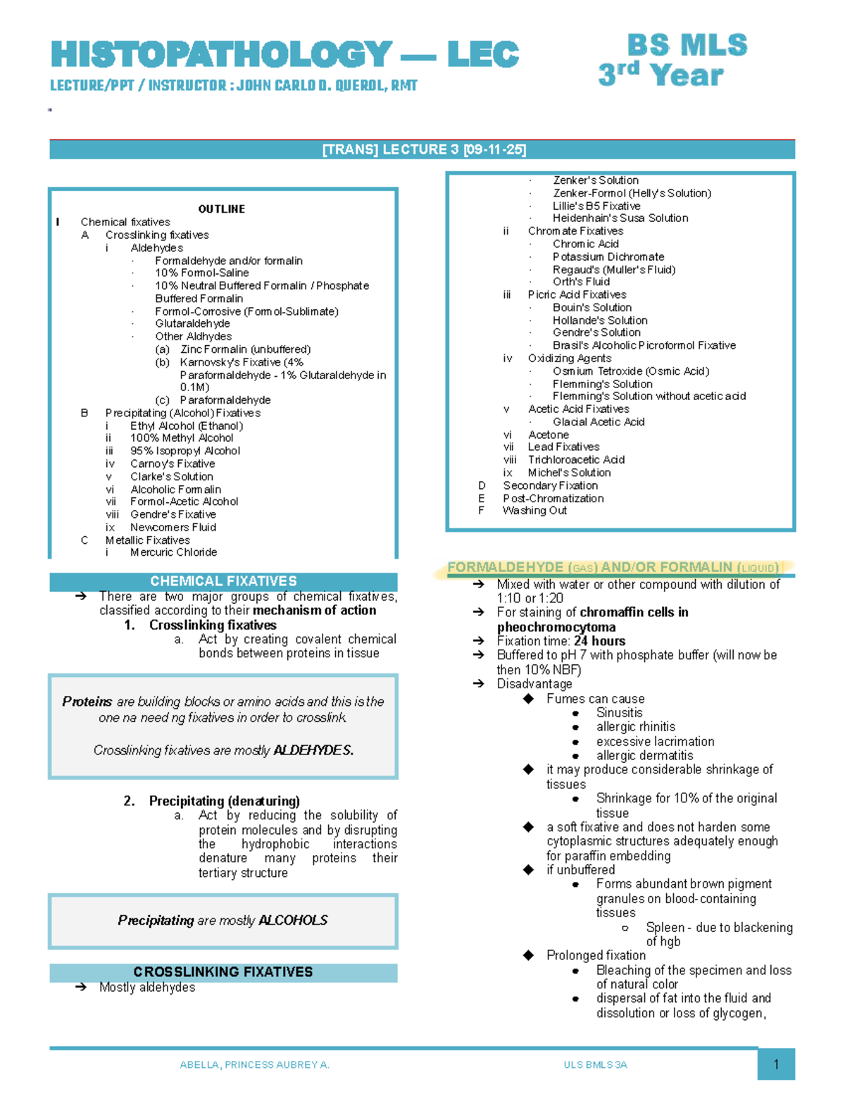 HISTOPATHOLOGY LEC 3: Chemical Fixatives Overview and Techniques - Studocu
