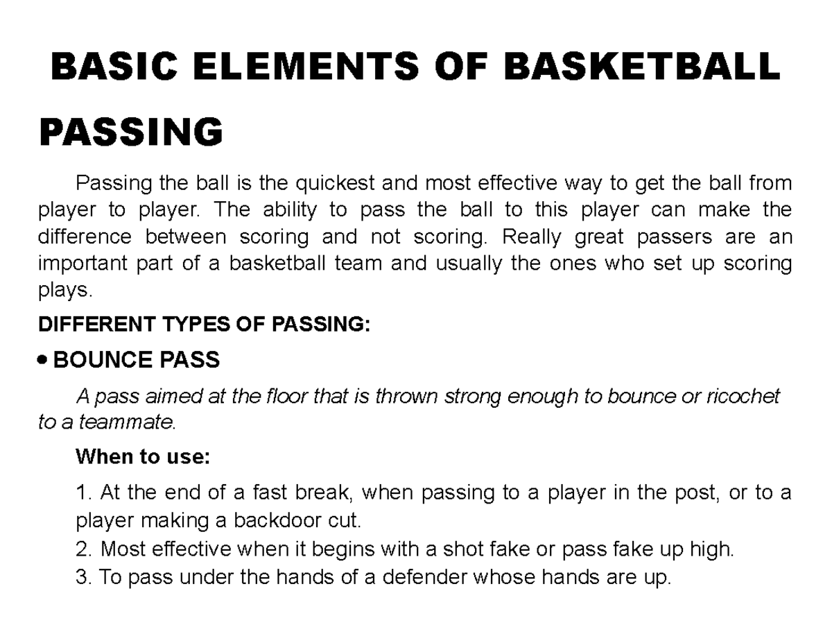 Basic Elements OF Basketball - BASIC ELEMENTS OF BASKETBALL PASSING ...