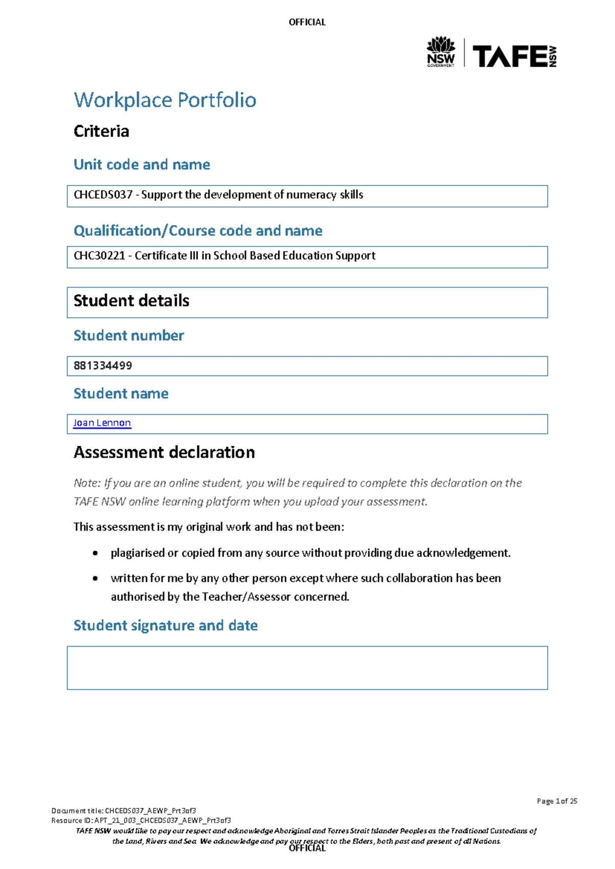 CHCEDS037 Final Exam: Workplace Portfolio for Numeracy Skills - Studocu