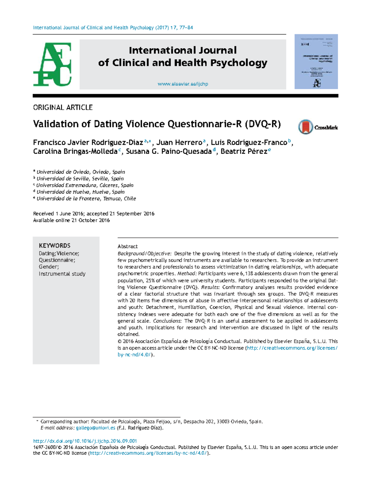 Validation of the Dating Violence Questionnaire (DVQ) in Adolescents ...