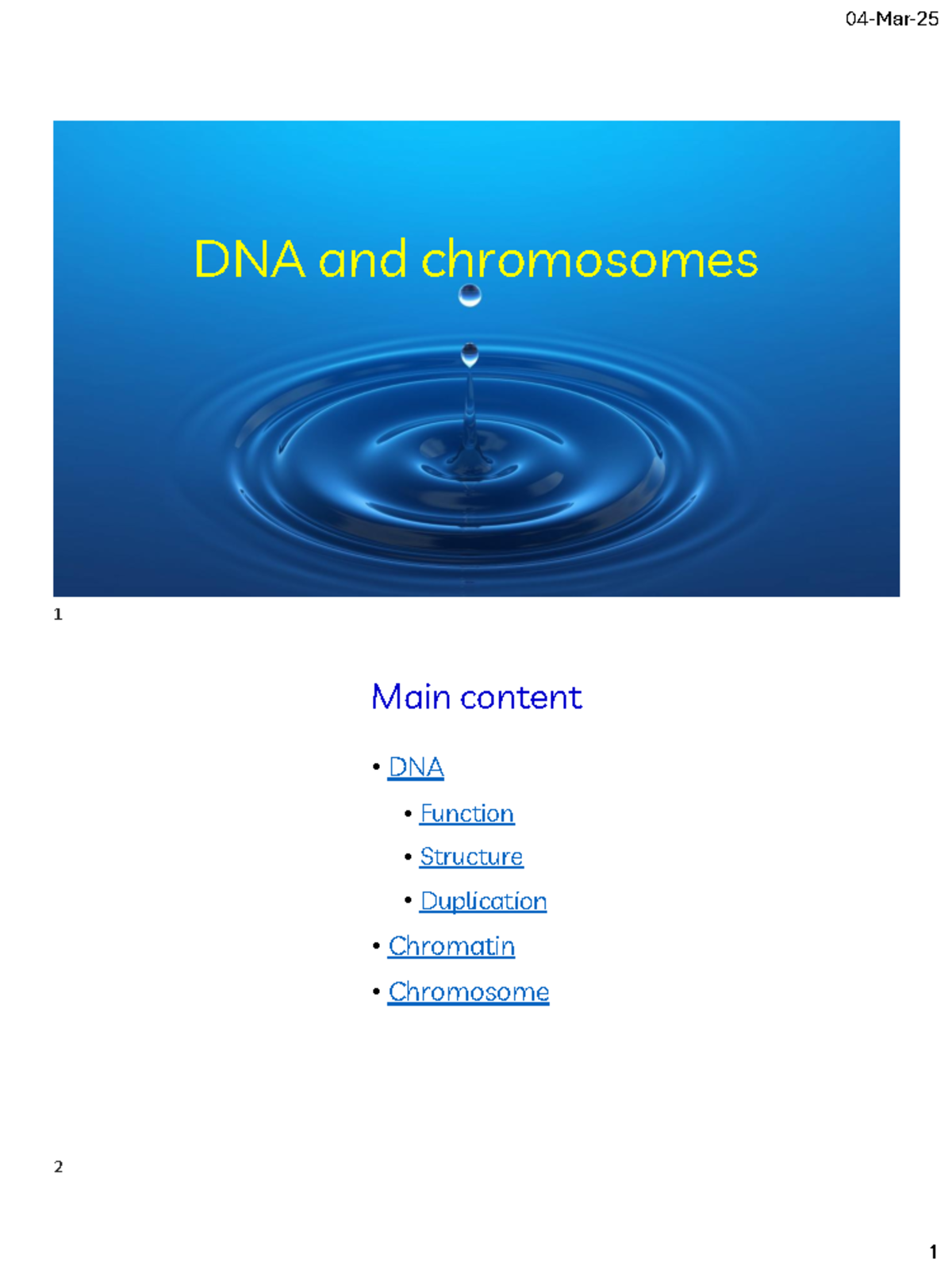TDL191 Cell Bio 05 DNA and chromosomes - DNA and chromosomes Main ...