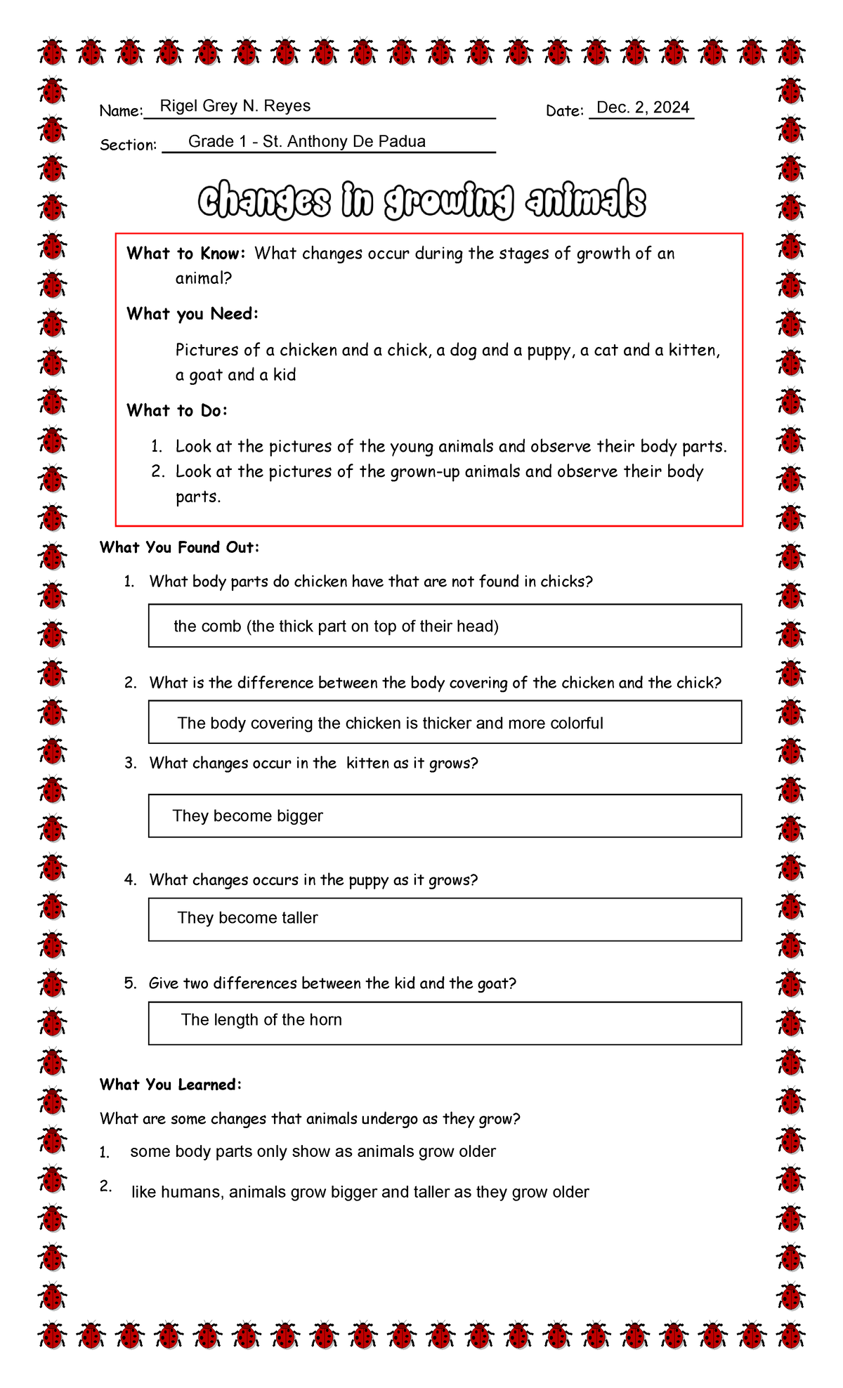Changes in Growing Animals: Observations and Findings for Grade 1 - Studocu