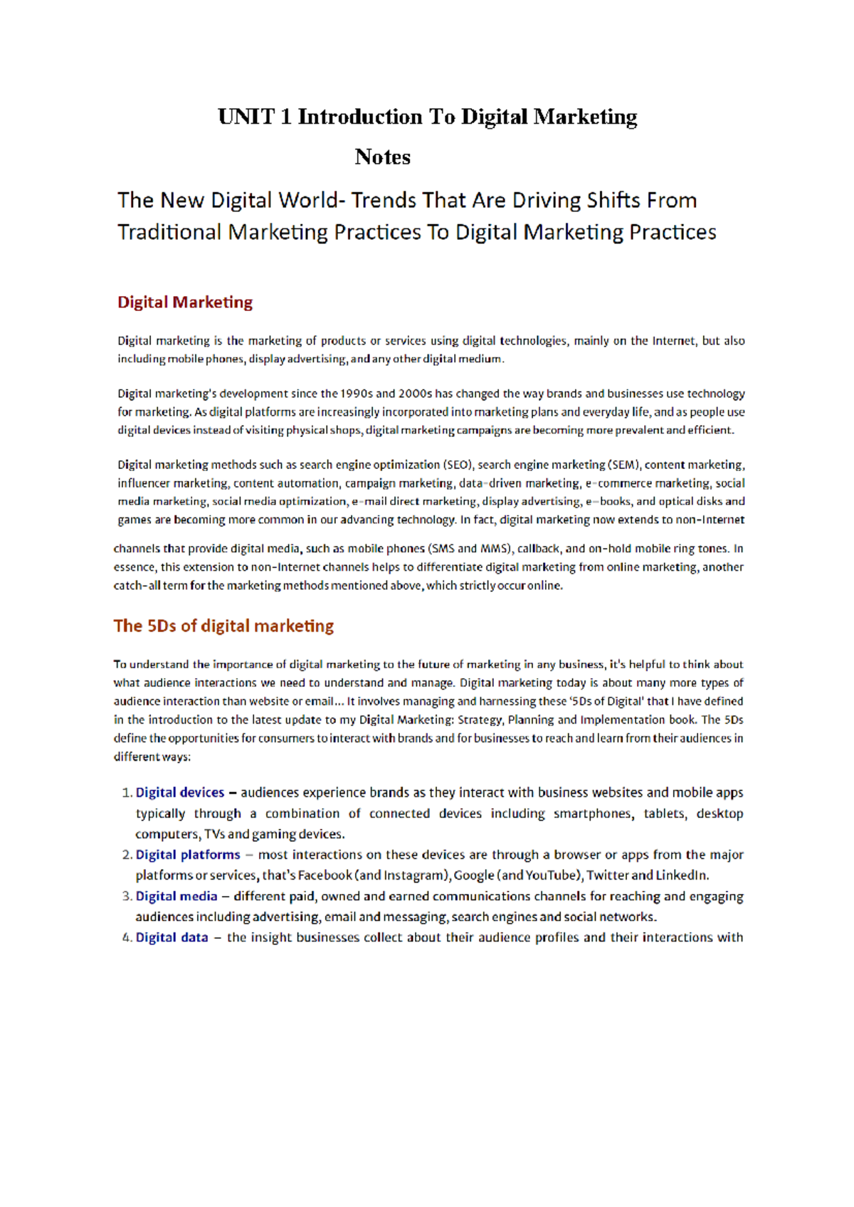 Digital Marketing: Unit 1 Introduction Notes - Studocu