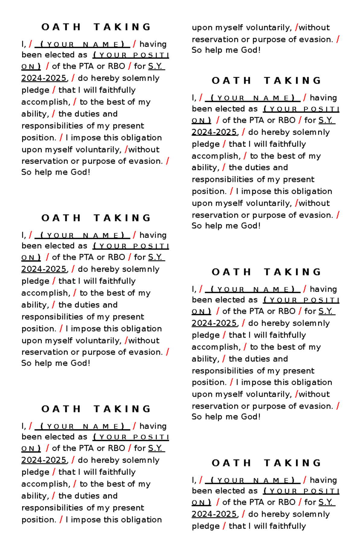 OATH Taking - O A T H T A K I N G I, / ( Y O U R N A M E ) / having ...