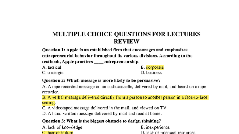 MULTIPLE CHOICE QUESTIONS FOR LECTURES REVIEW (MCQ) - Studocu