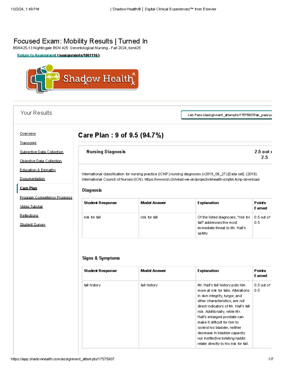 BSN425-13 Final Care Plan for Mr. Hall's Mobility and Fall Risk - Studocu