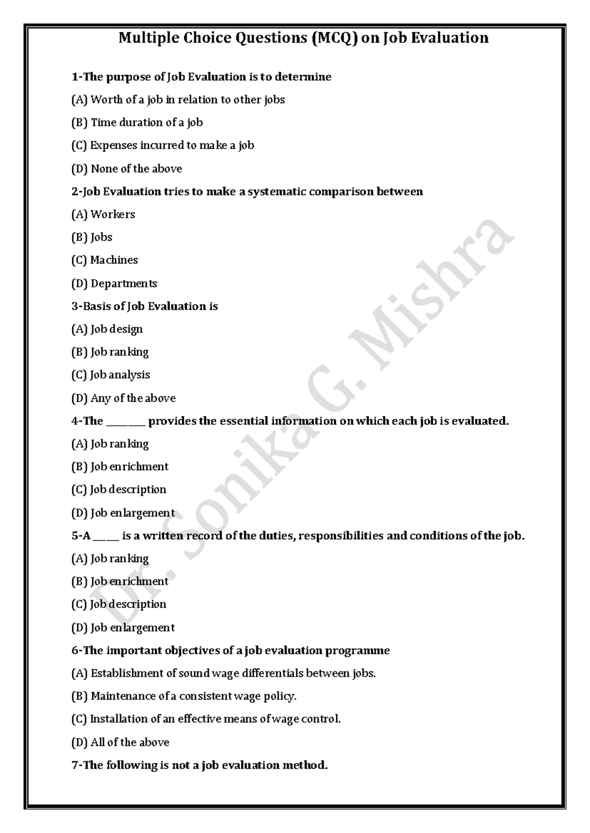 MCQs on Job Analysis & Job Evaluation (HRM 101) - Studocu