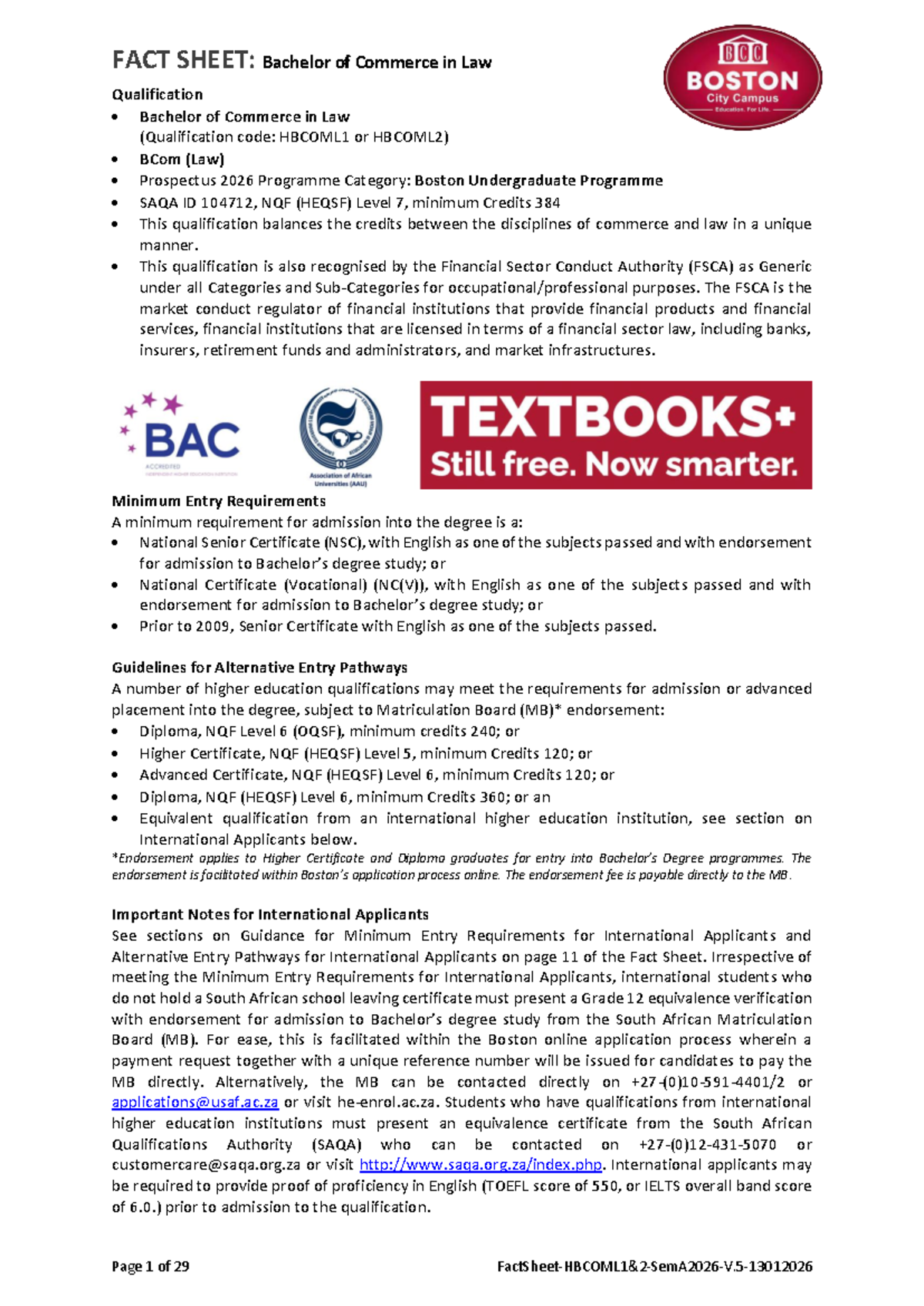 Fact Sheet: Bachelor of Commerce in Law (HBCOML1 & HBCOML2) - Sem A ...