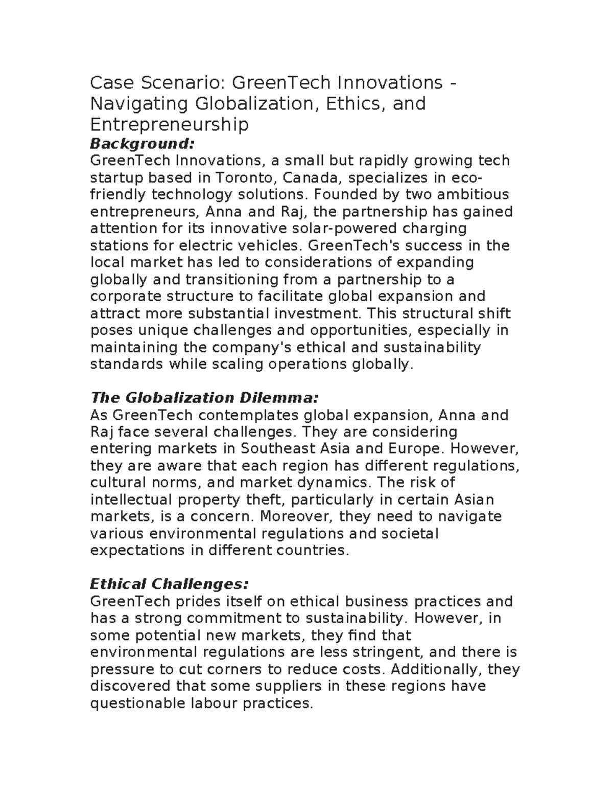 Case Study: Strategies for GreenTech Innovations' Global Expansion ...