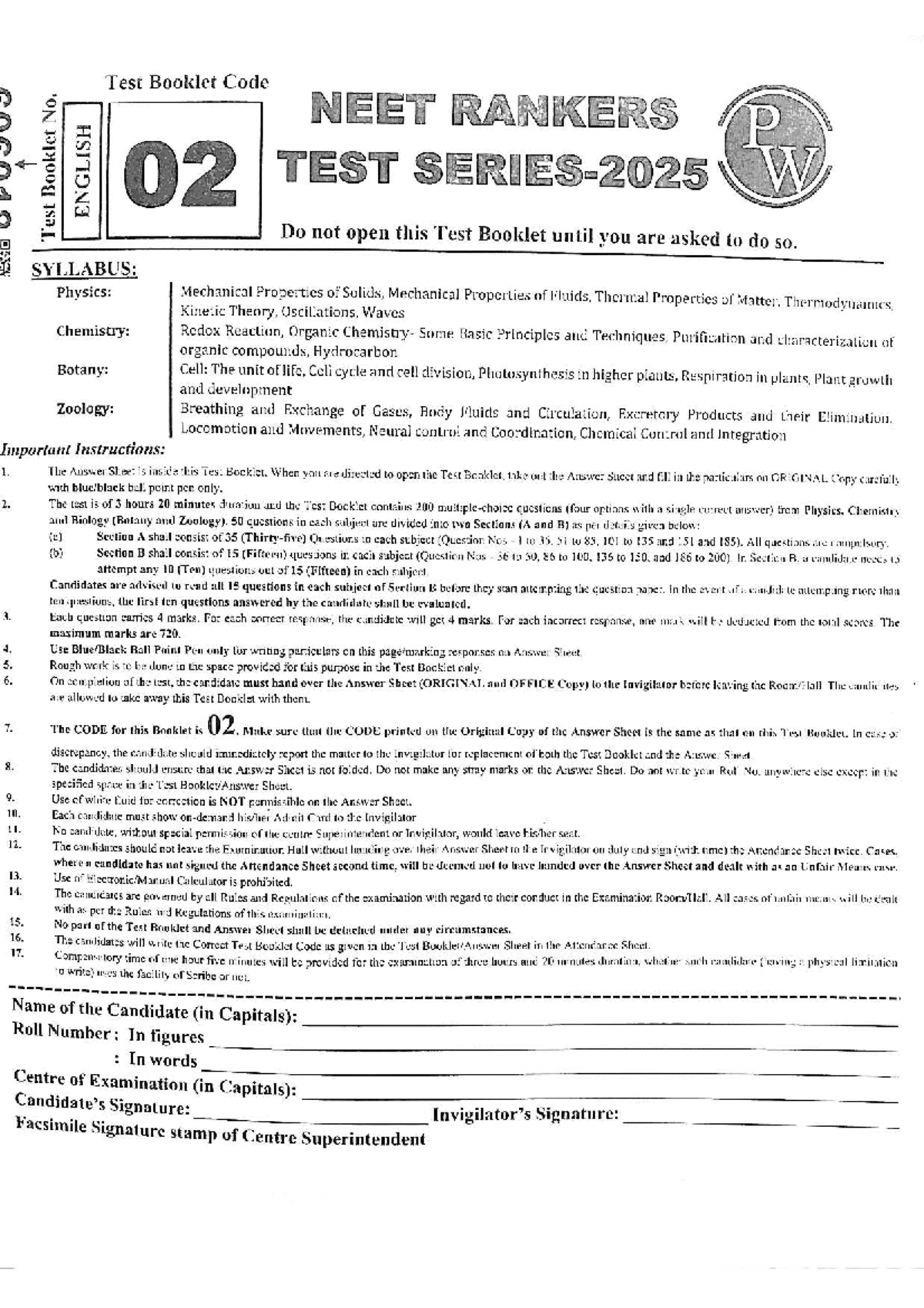 Ranker Test Series NEET 02: Comprehensive Question Paper - Studocu