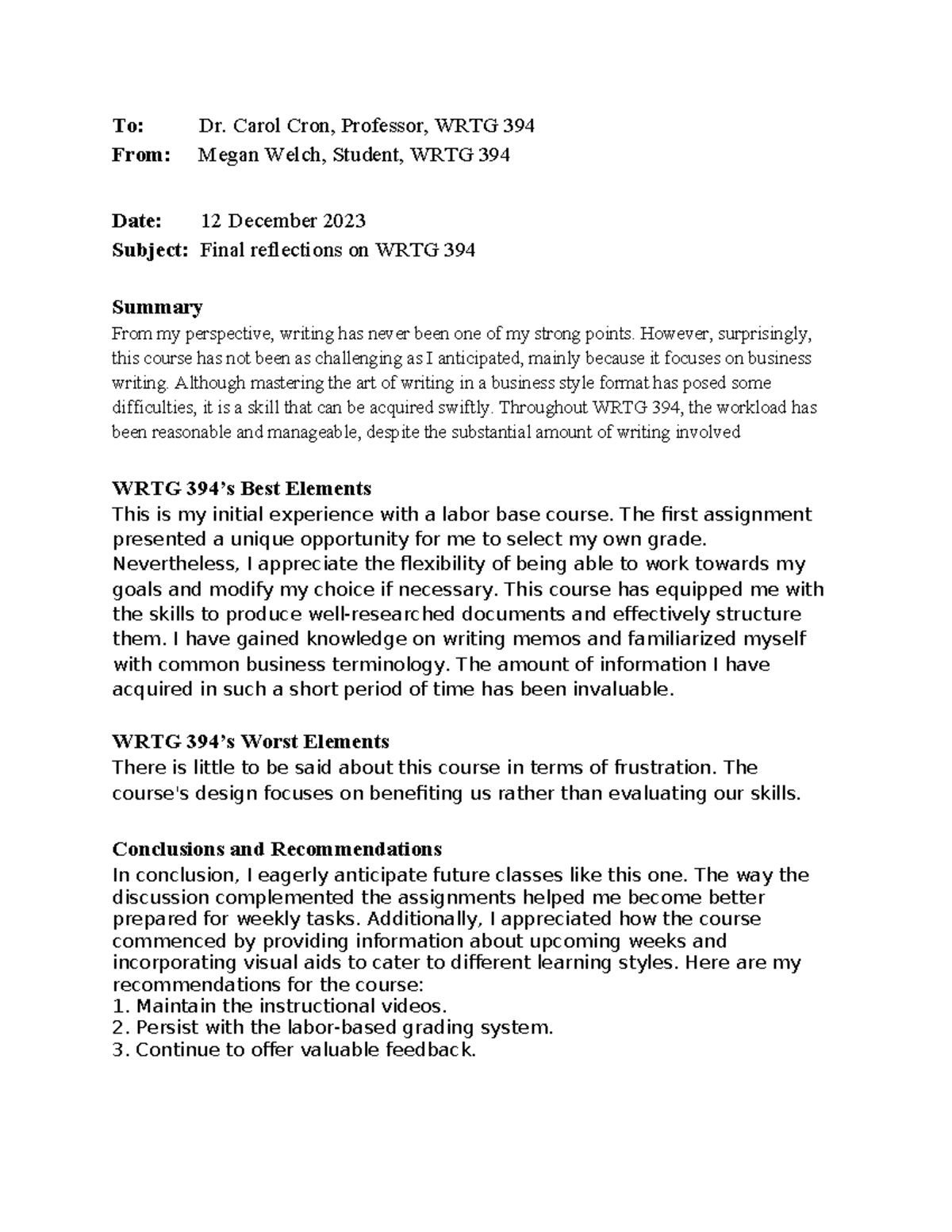 Final Reflection on WRTG 394: Course Insights and Recommendations - Studocu