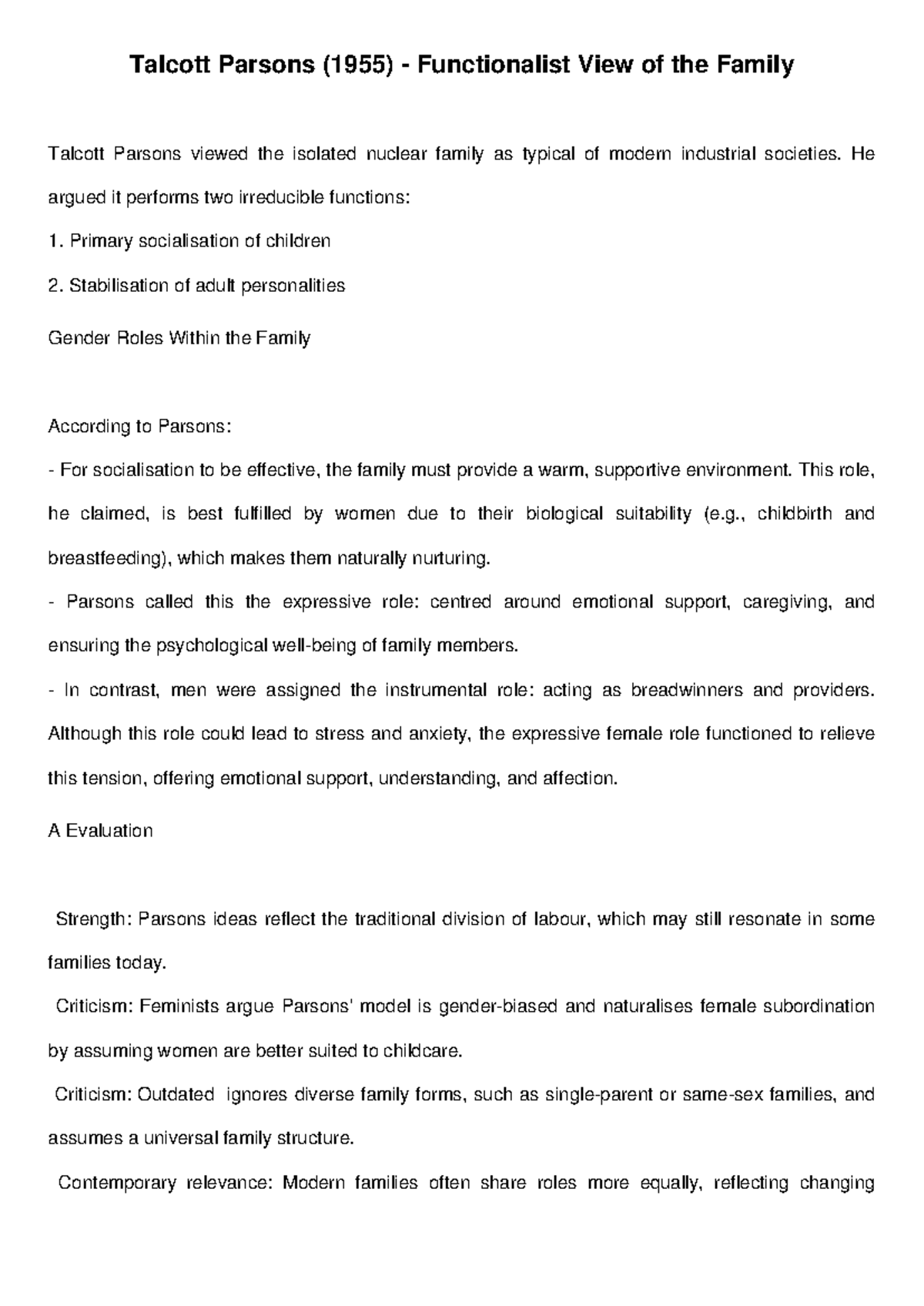 Talcott Parsons (1955) Functionalist Family View: Roles & Critiques ...