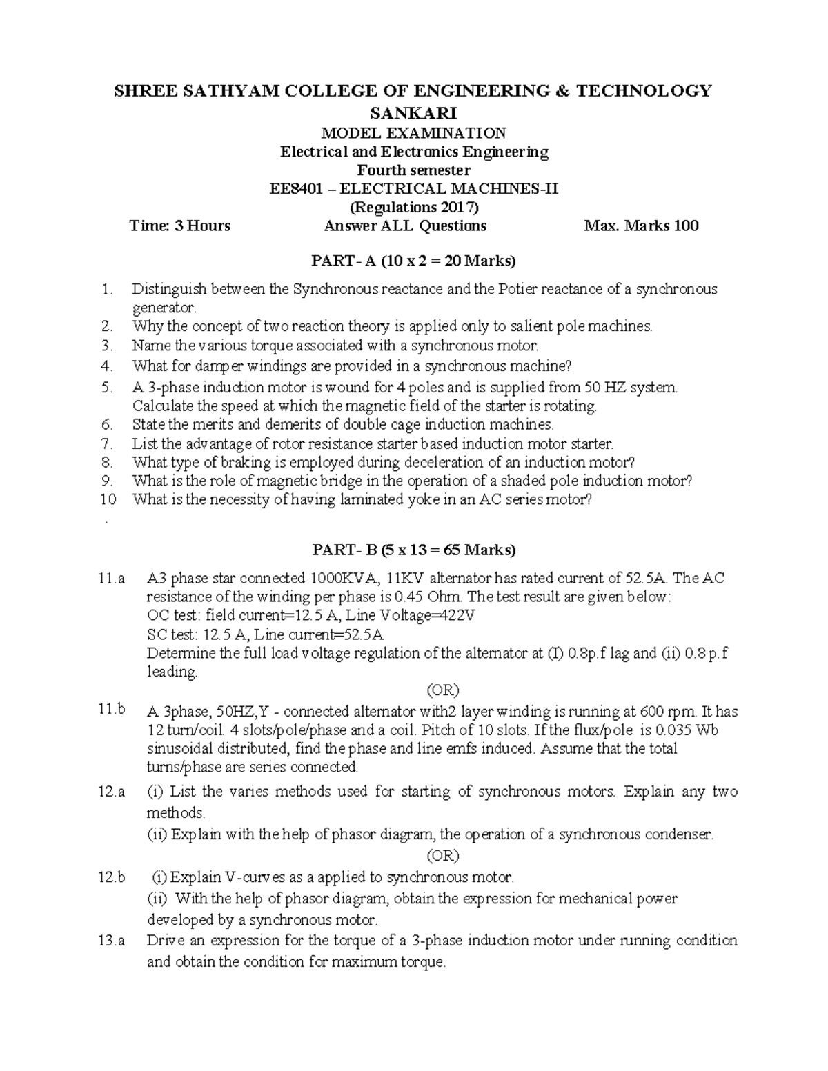 EE8401 - Model Exam Notes for Electrical Engineering - Studocu