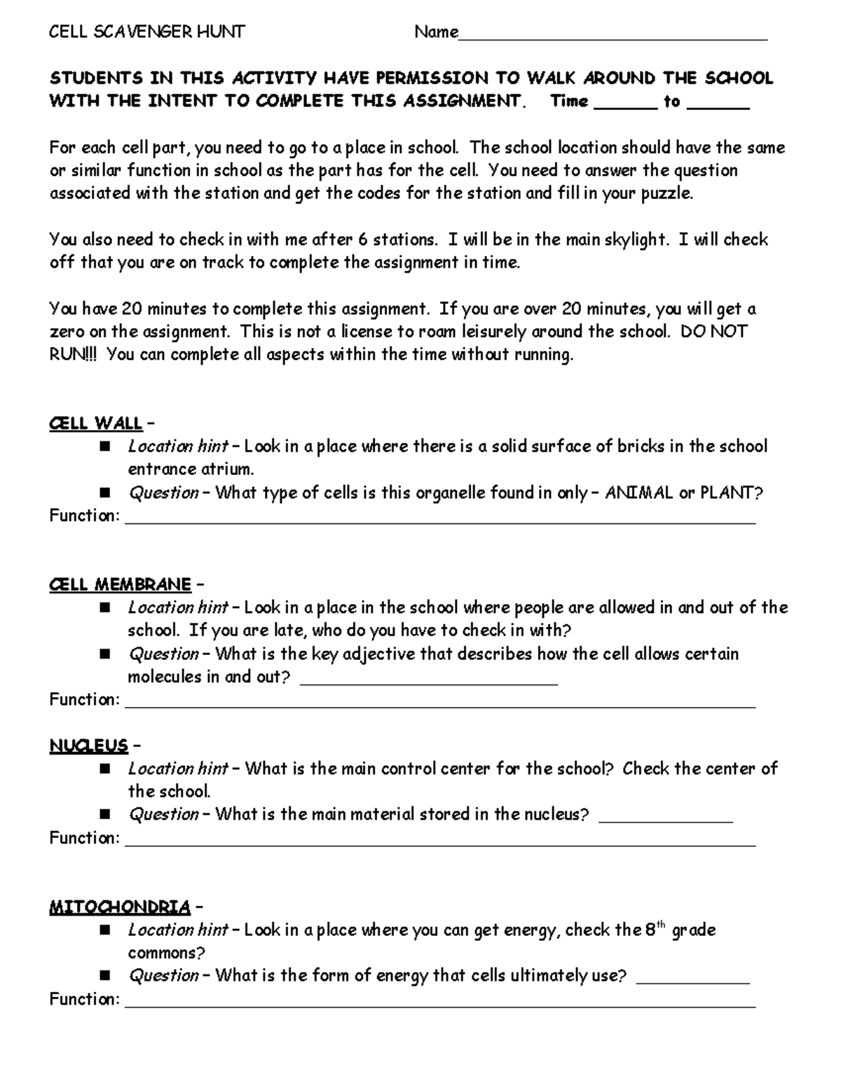 CELL SCAVENGER HUNT ASSIGNMENT: EXPLORE & LEARN! - Studocu