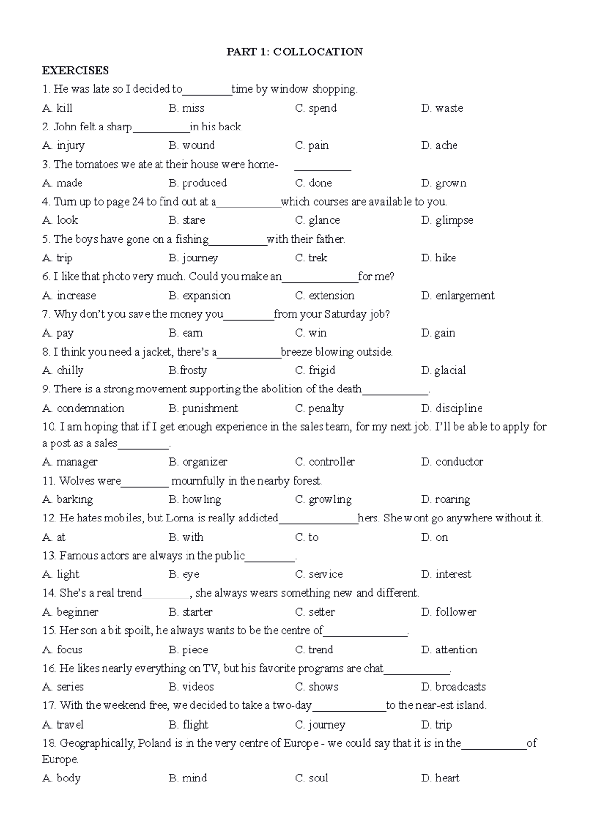 Collocation Exercises KEY for English Language Practice (Part 1) - Studocu