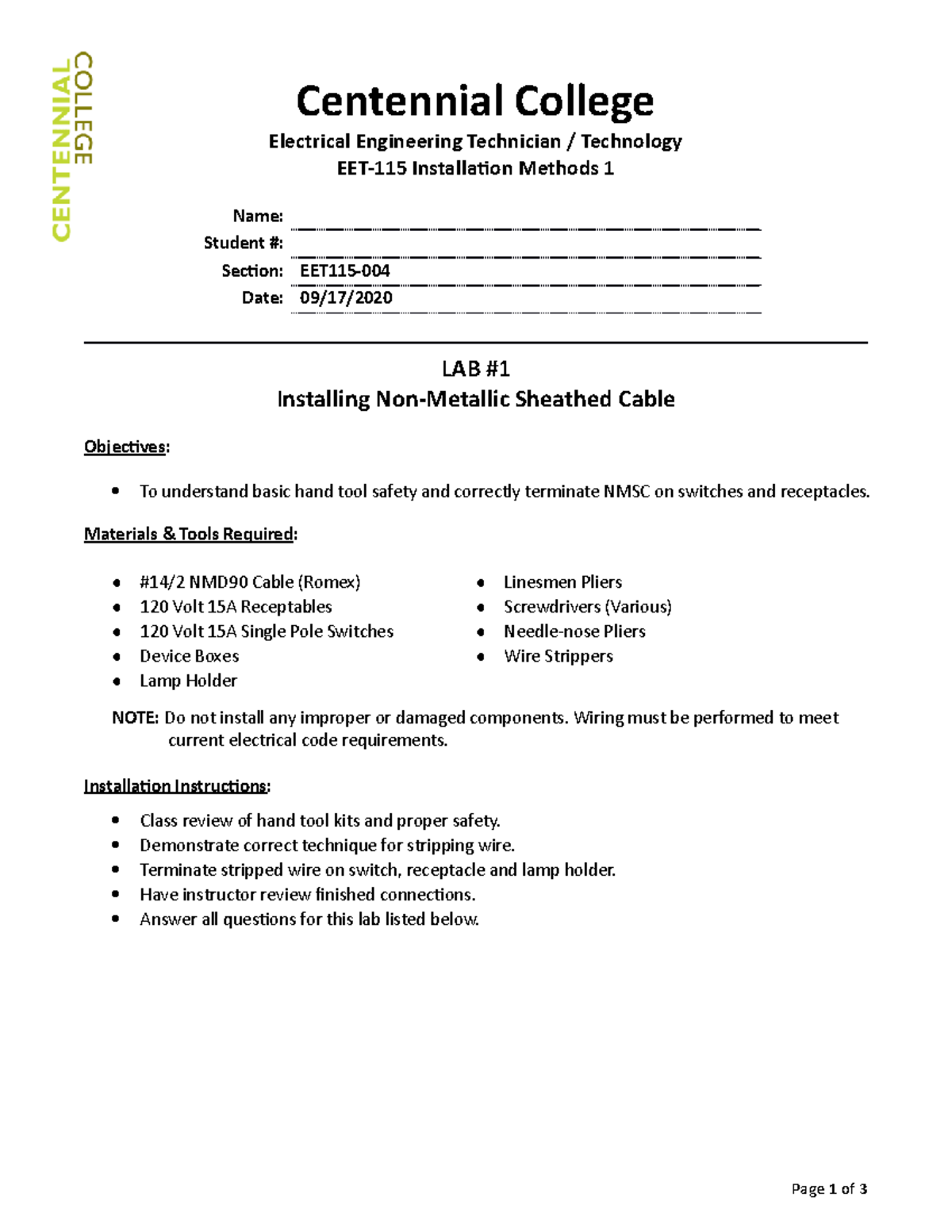 EET-115 Lab 1 - Terminating Non-Metallic Sheathed Cable assignment 1 - Centennial College ...